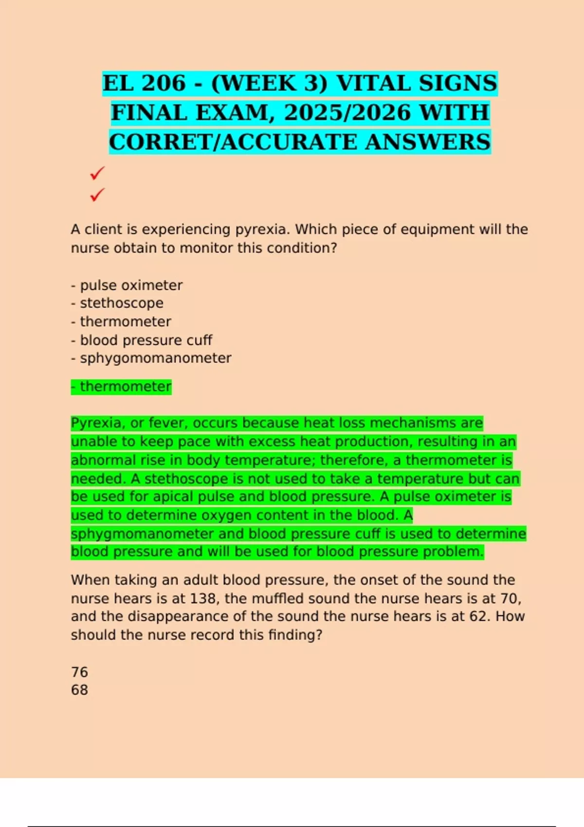 EL 206 - (WEEK 3) VITAL SIGNS FINAL EXAM, 2025/2026 WITH CORRET ...