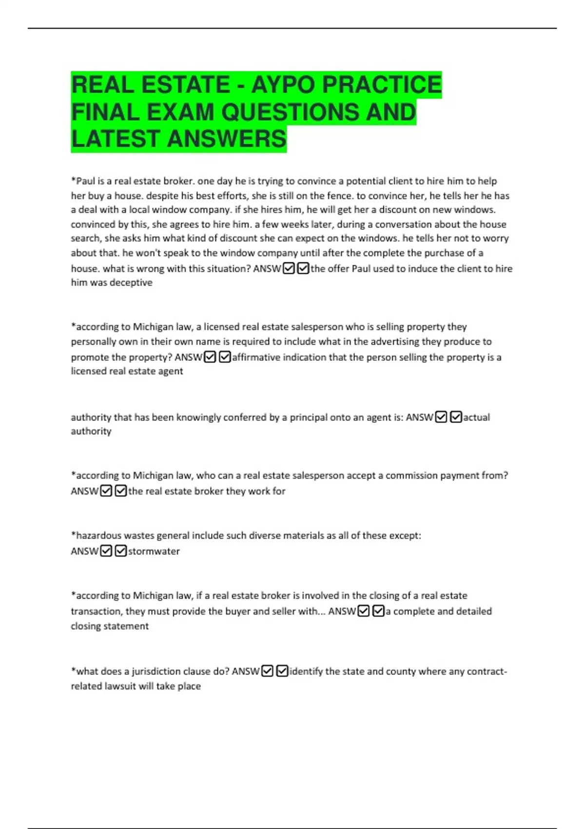 REAL ESTATE - AYPO PRACTICE FINAL EXAM QUESTIONS AND LATEST ANSWERS ...