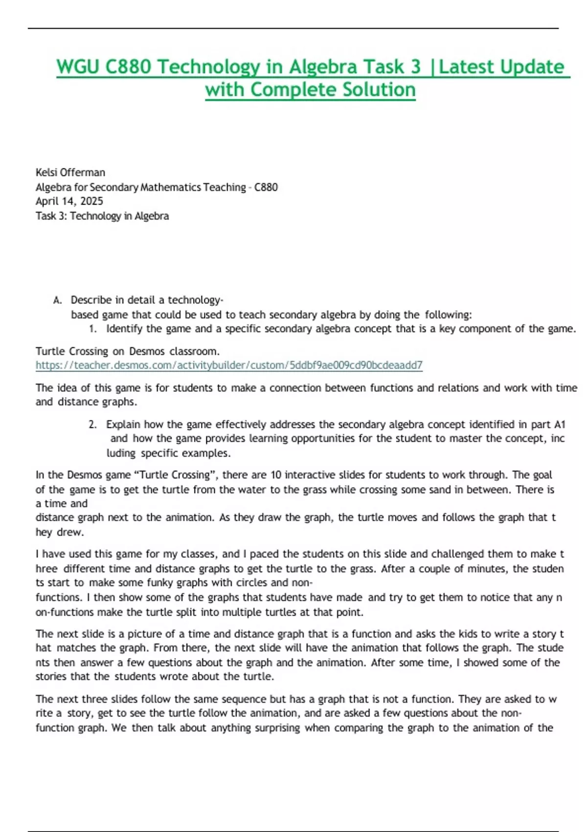 WGU C880 Technology in Algebra Task 3 |Latest Update with Complete ...