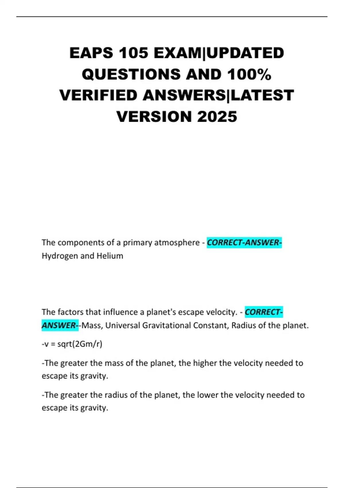 EAPS 105 EXAM|UPDATED QUESTIONS AND 100% VERIFIED ANSWERS|LATEST ...