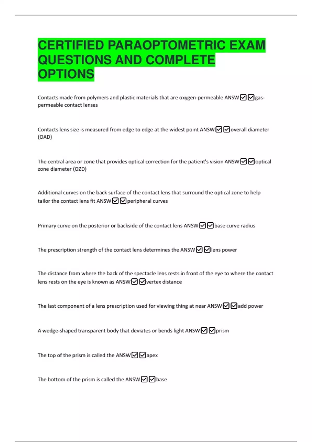 CERTIFIED PARAOPTOMETRIC EXAM QUESTIONS AND COMPLETE OPTIONS ...