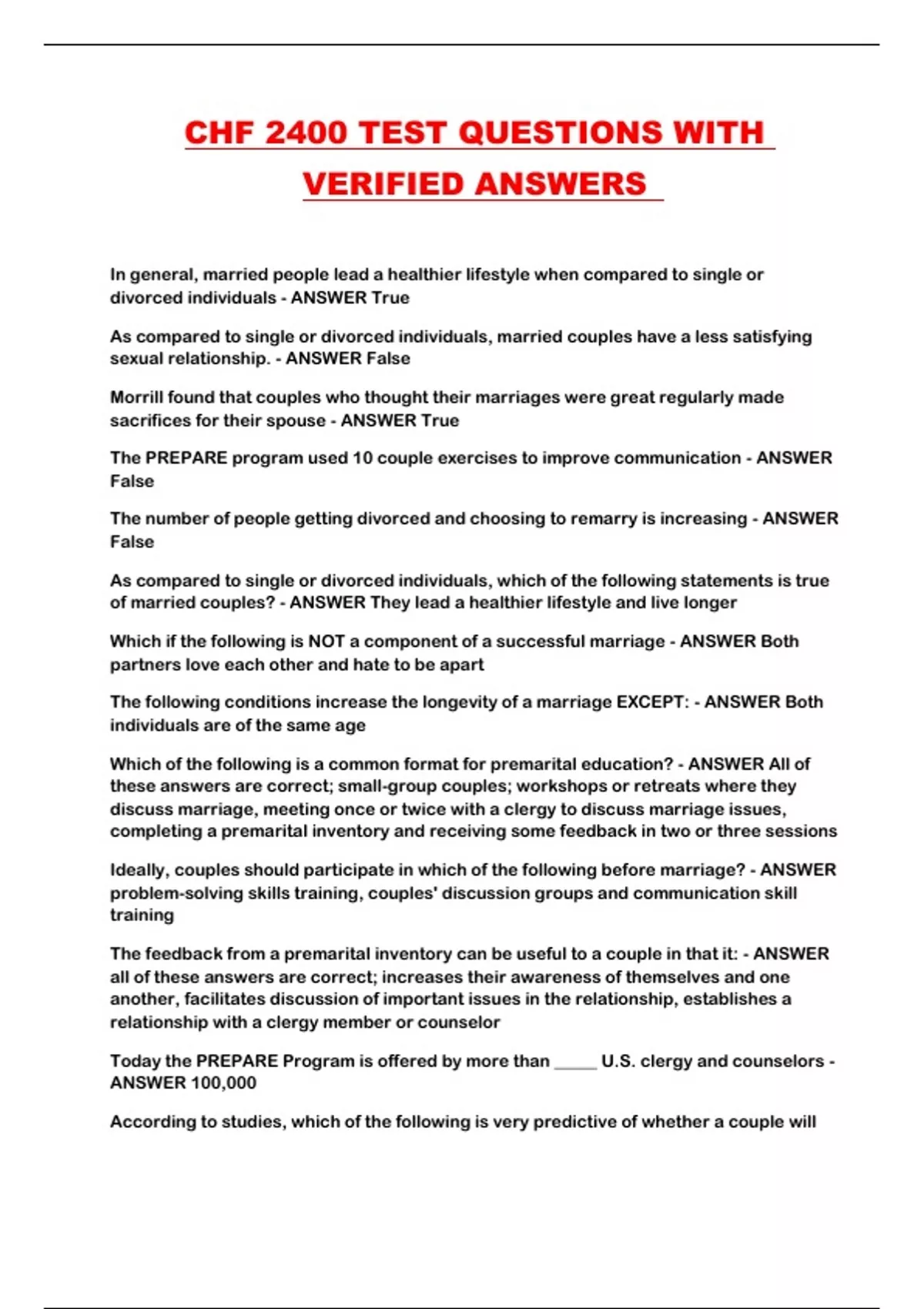 CHF 2400 TEST QUESTIONS WITH VERIFIED ANSWERS - CHF 2400 - Stuvia US