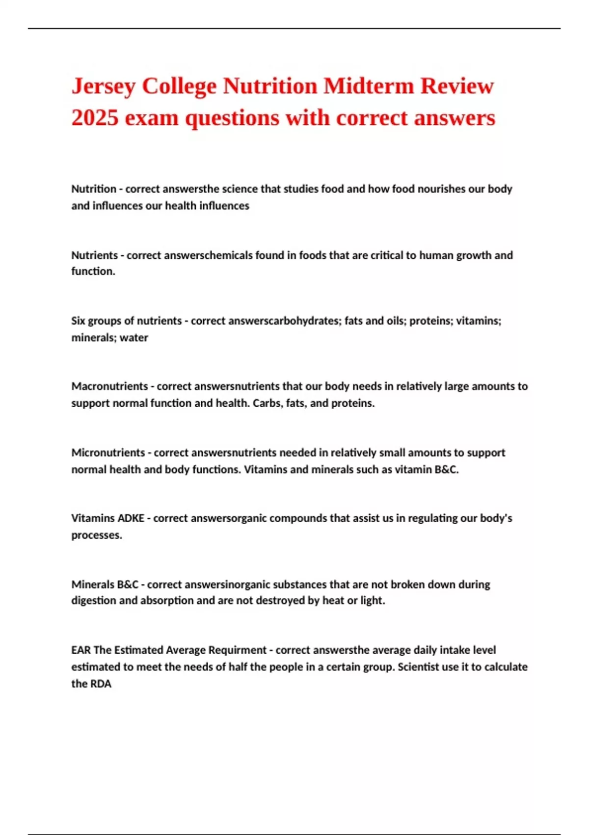 Jersey College Nutrition Midterm Review 2025 Exam Questions with ...