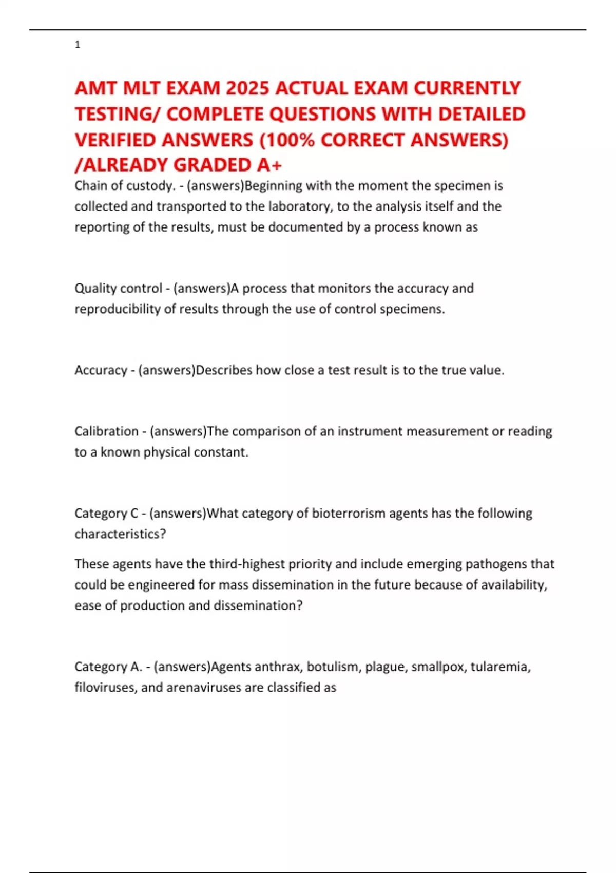 AMT MLT EXAM 2025 ACTUAL EXAM CURRENTLY TESTING/ COMPLETE QUESTIONS ...