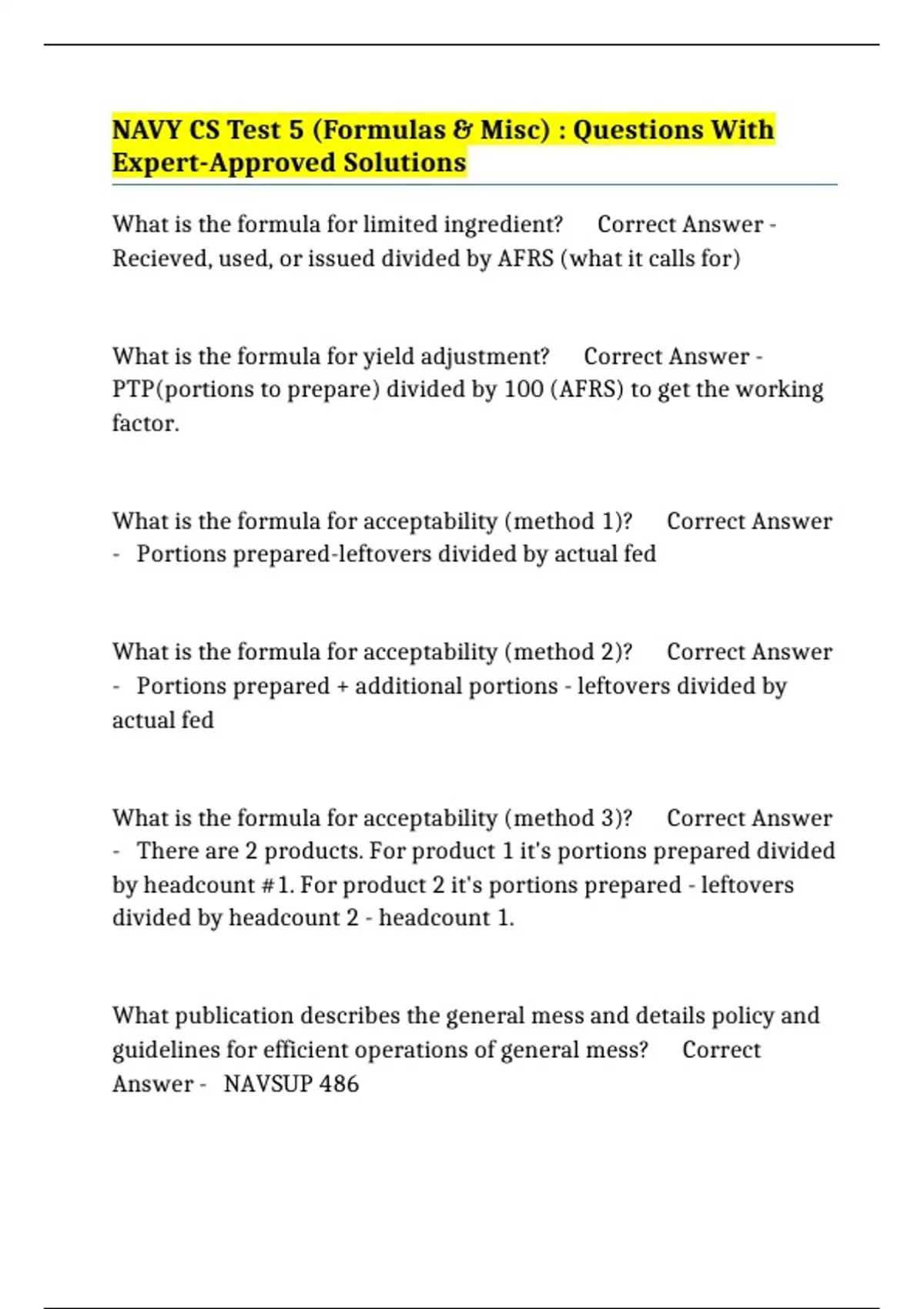 NAVY CS Test 5 (Formulas & Misc) : Questions With Expert-Approved ...