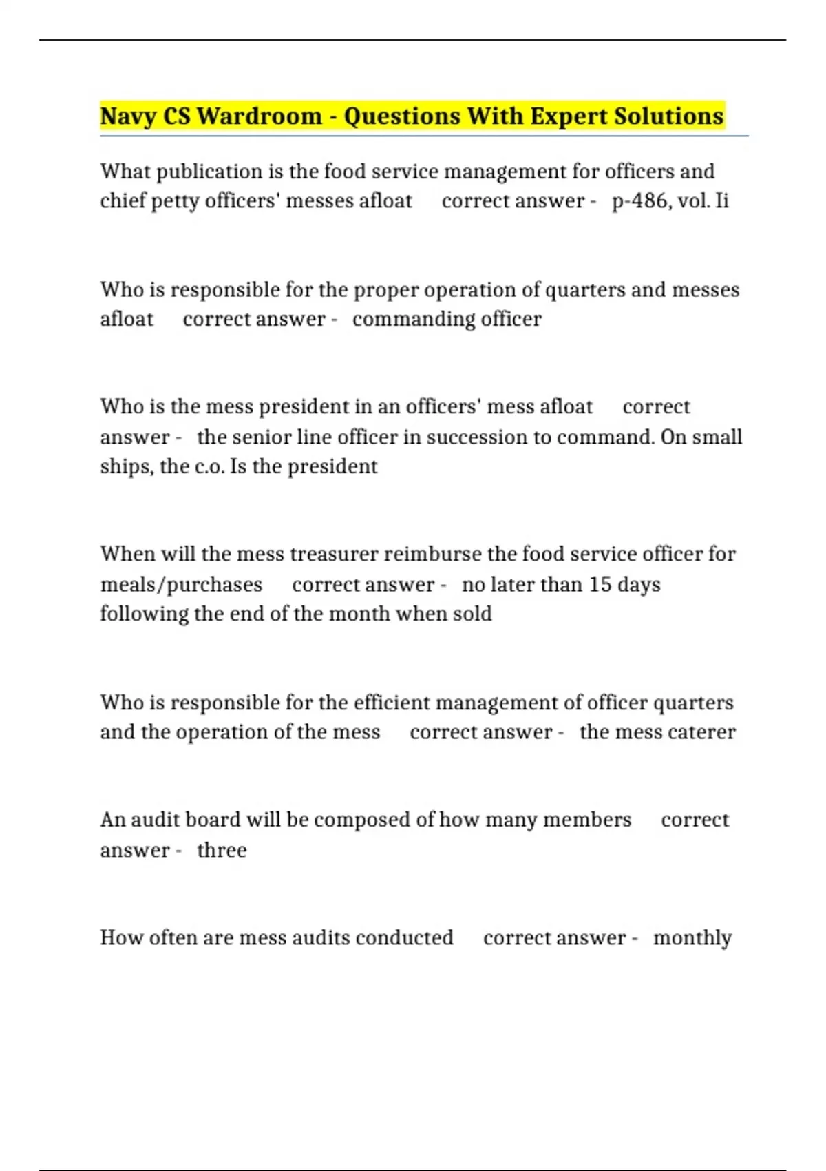 Navy CS Wardroom - Questions With Expert Solutions - NAVY - Stuvia US