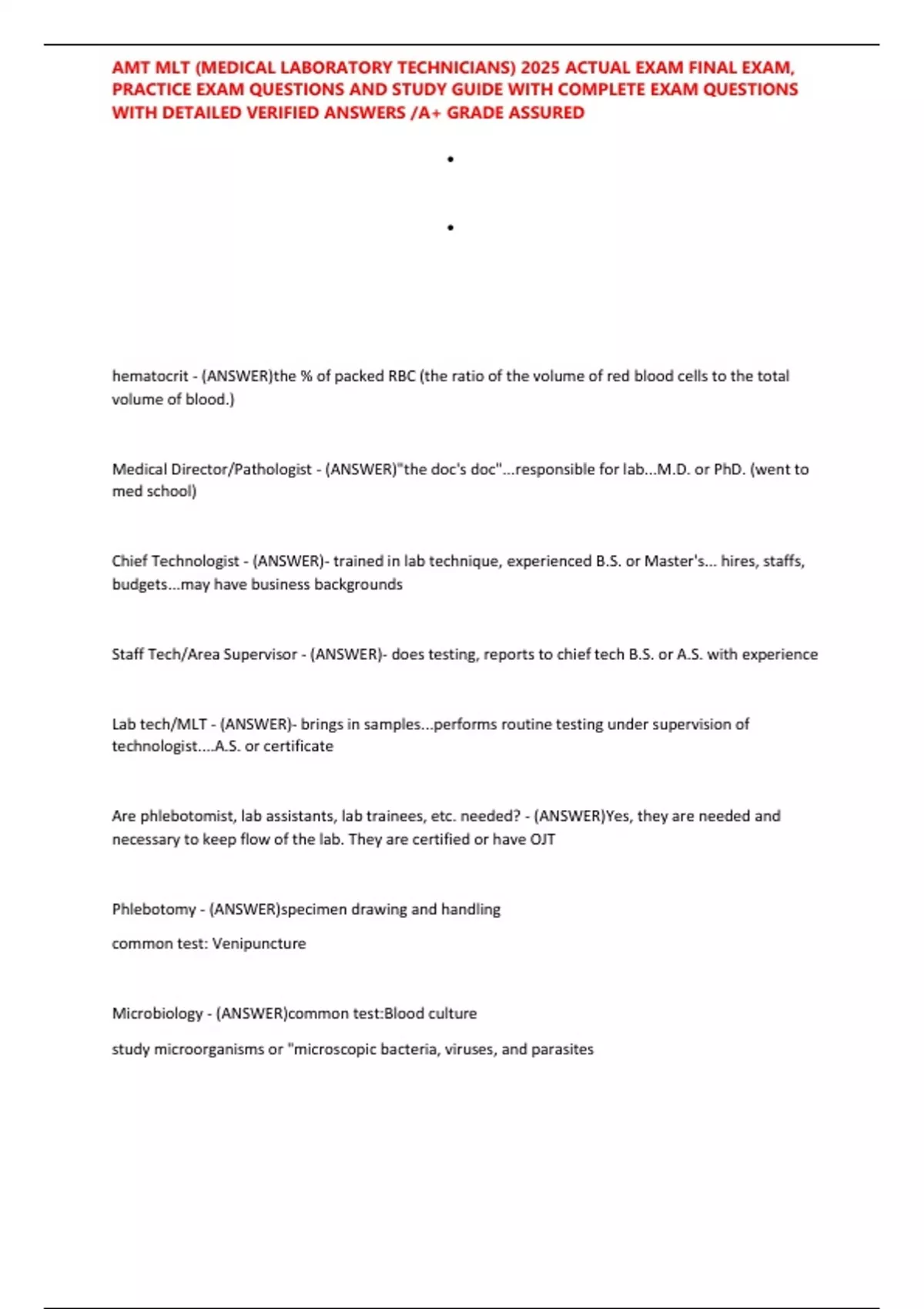 AMT MLT (MEDICAL LABORATORY TECHNICIANS) 2025 ACTUAL EXAM FINAL EXAM, PRACTICE EXAM QUESTIONS ...