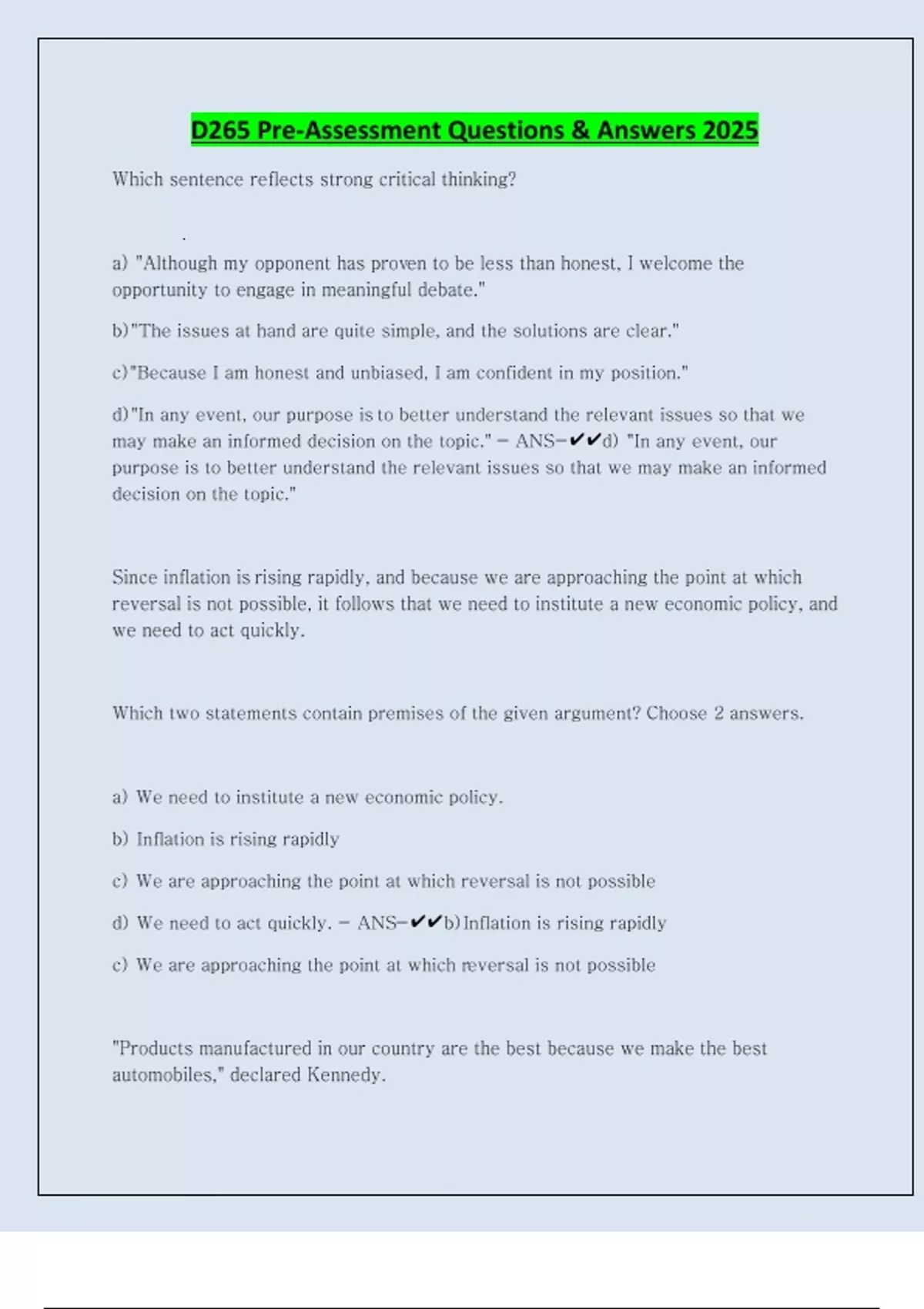D265 Pre-Assessment Questions & Answers 2025 - D265 Pre-Assessment ...