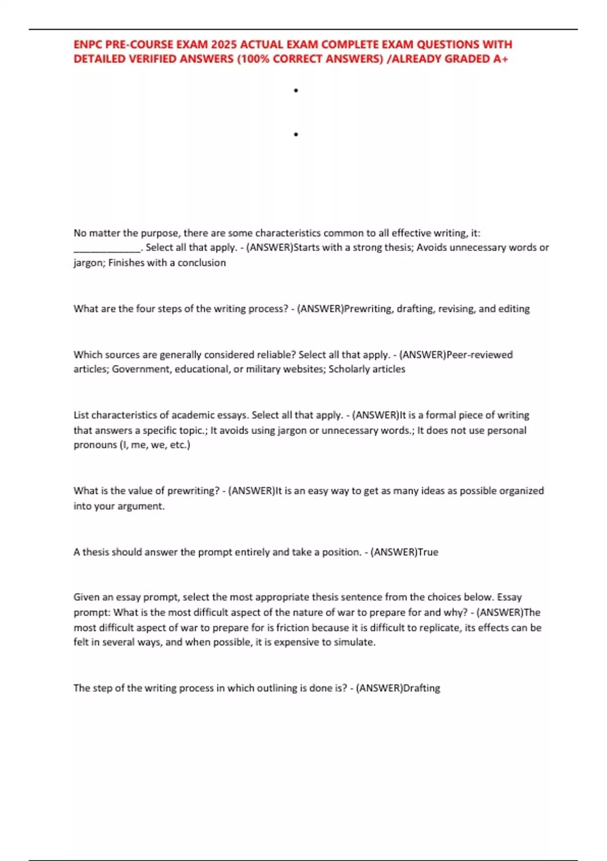ENPC PRE-COURSE EXAM 2025 ACTUAL EXAM COMPLETE EXAM QUESTIONS WITH ...