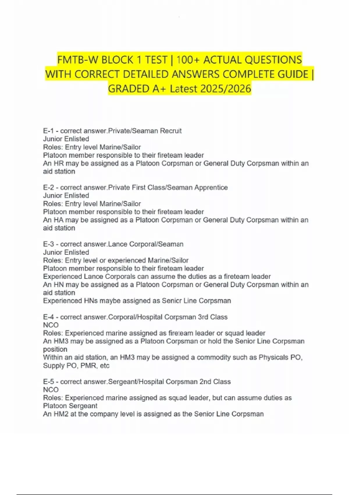 FMTB-W BLOCK 1 TEST | 100+ ACTUAL QUESTIONS WITH CORRECT DETAILED ...