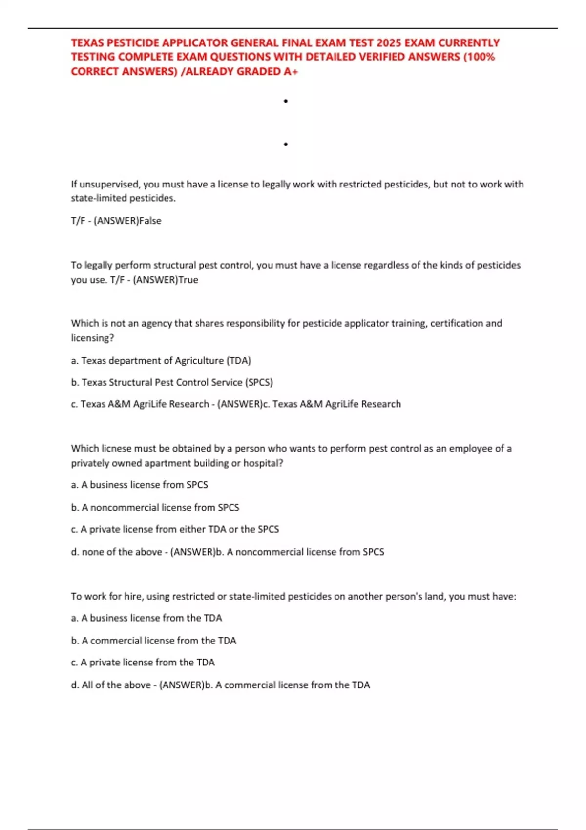 TEXAS PESTICIDE APPLICATOR GENERAL FINAL EXAM TEST 2025 EXAM CURRENTLY ...