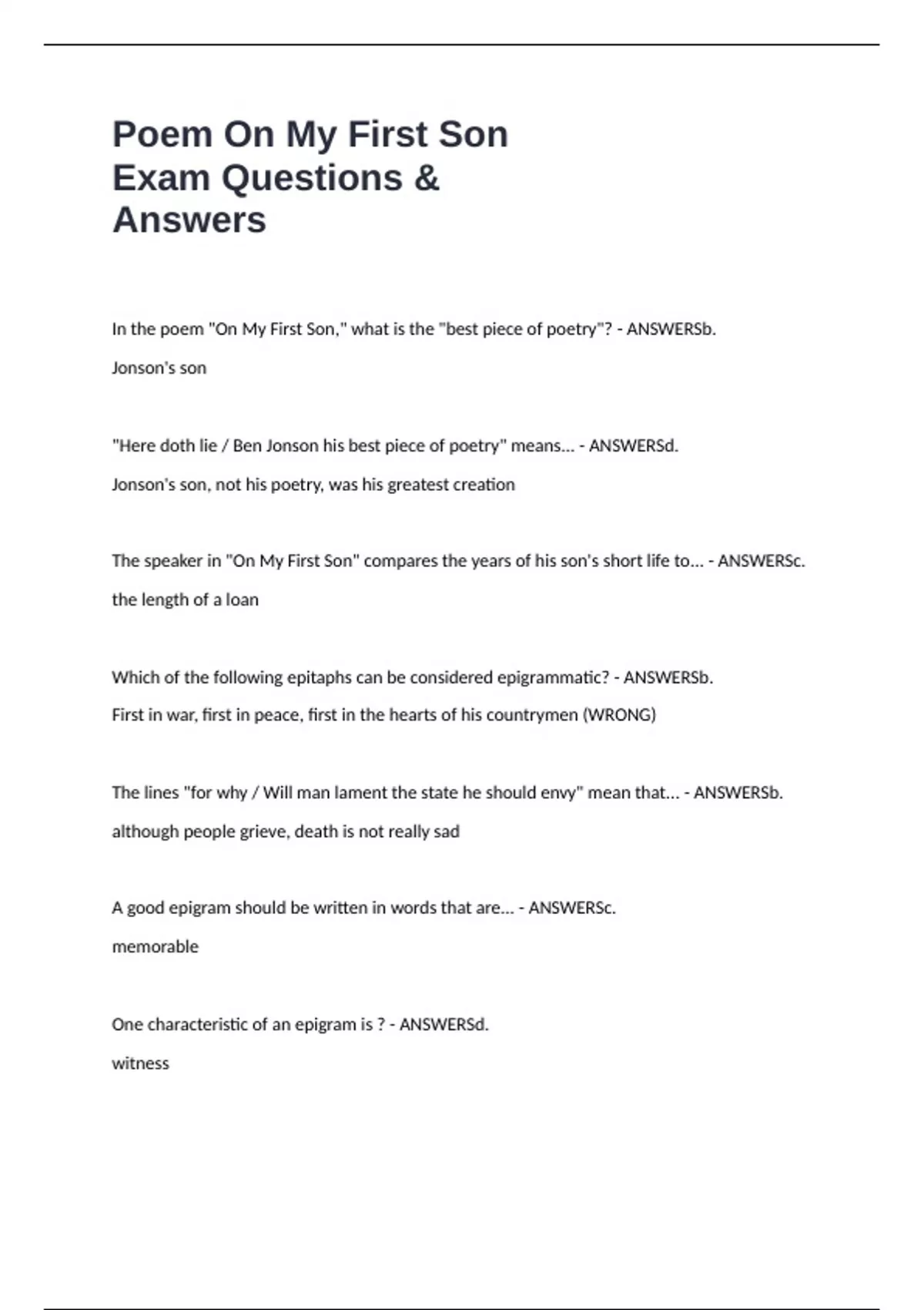 Poem On My First Son Exam Questions & Answers - Poem On My First Son ...