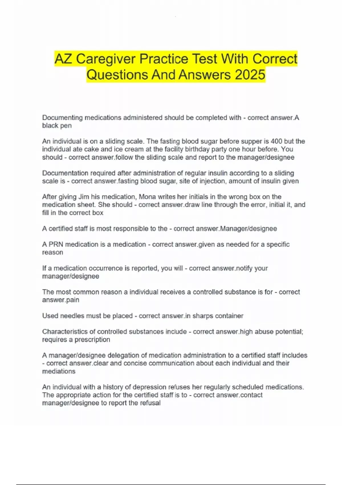 AZ Caregiver Practice Test With Correct Questions And Answers 2025 - AZ ...