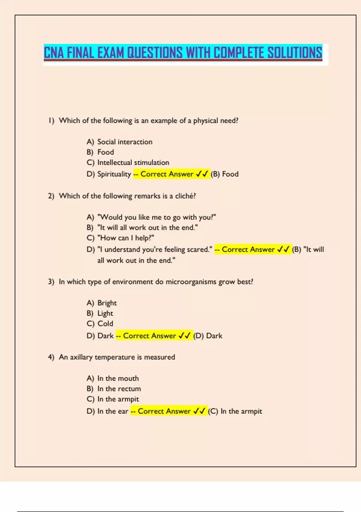 CNA FINAL EXAM QUESTIONS WITH COMPLETE SOLUTIONS - CNA - Stuvia US