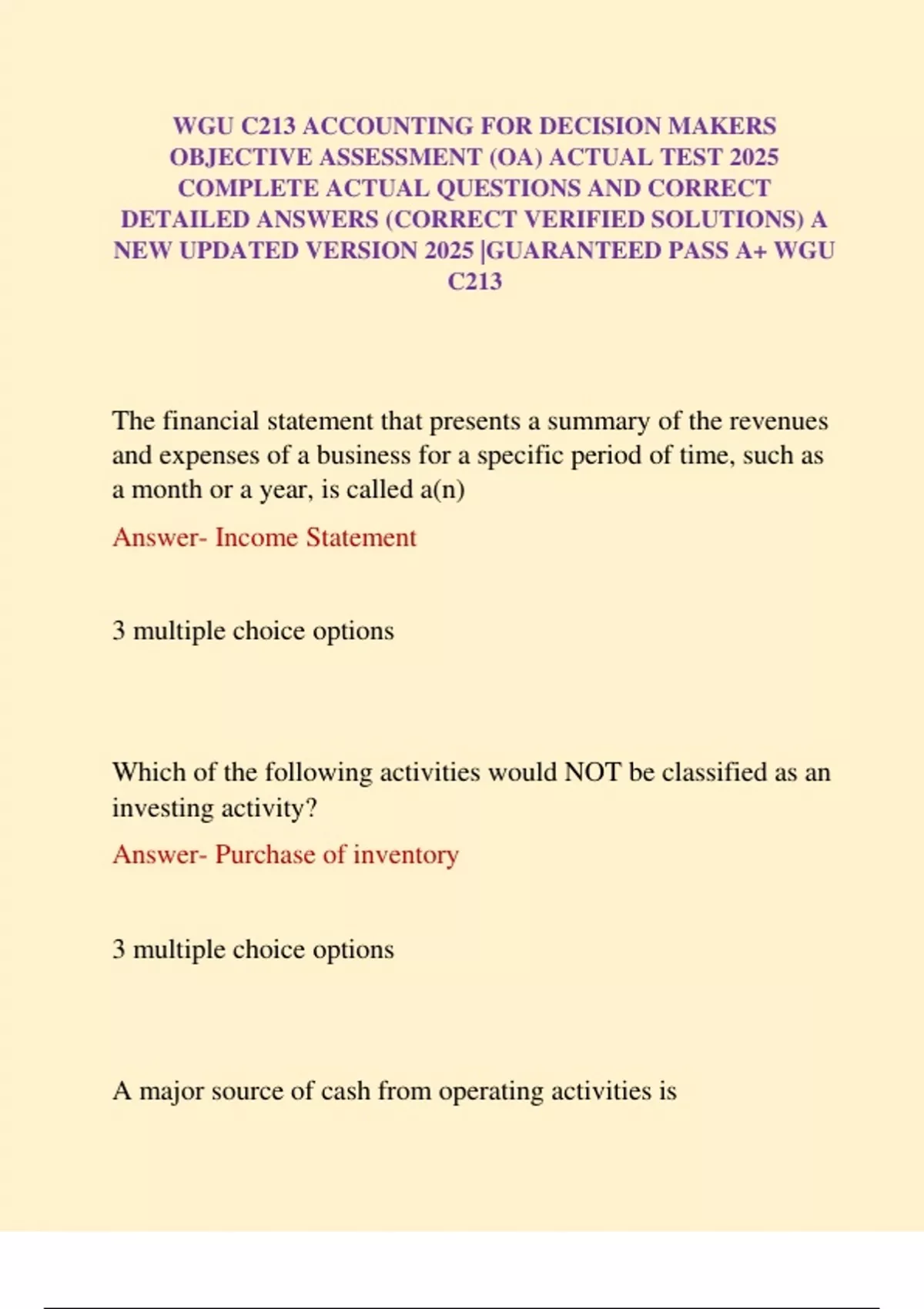 WGU C213 ACCOUNTING FOR DECISION MAKERS OBJECTIVE ASSESSMENT (OA ...