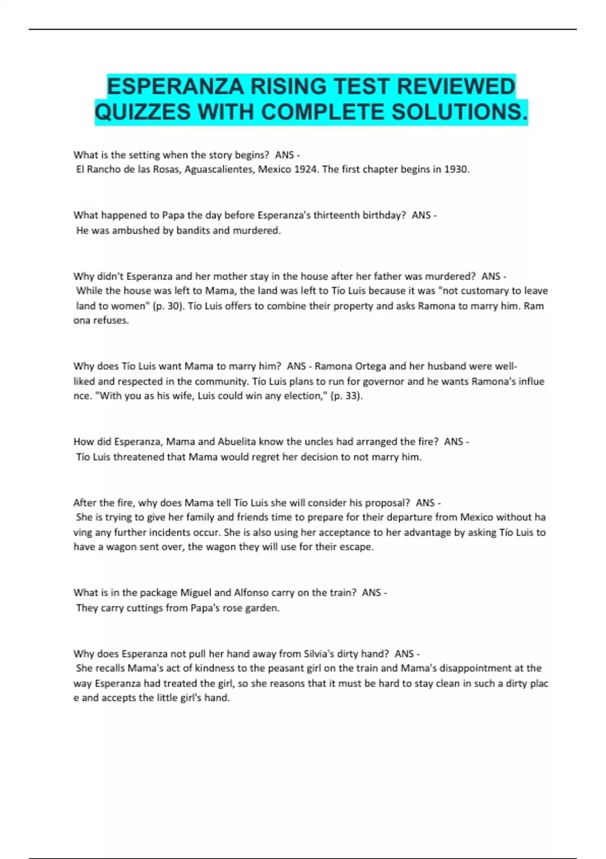 ESPERANZA RISING TEST REVIEWED QUIZZES WITH COMPLETE SOLUTIONS. - Mamas ...