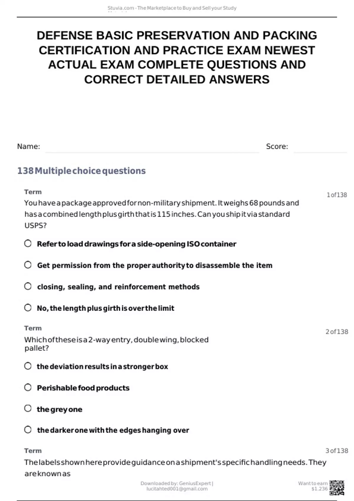DEFENSE BASIC PRESERVATION AND PACKING CERTIFICATION AND PRACTICE EXAM ...