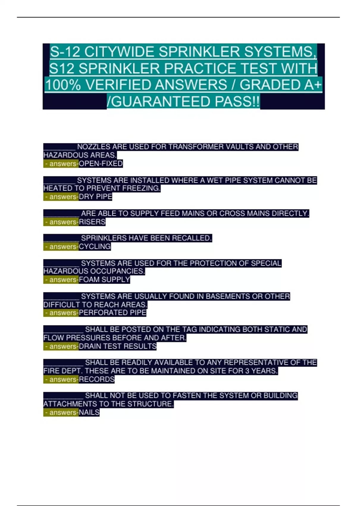 S-12 Citywide Sprinkler Systems: Comprehensive Practice Test with ...