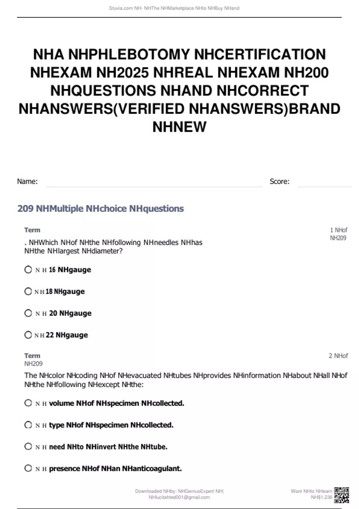 NHA PHLEBOTOMY CERTIFICATION EXAM 2025 REAL EXAM 200 QUESTIONS AND ...