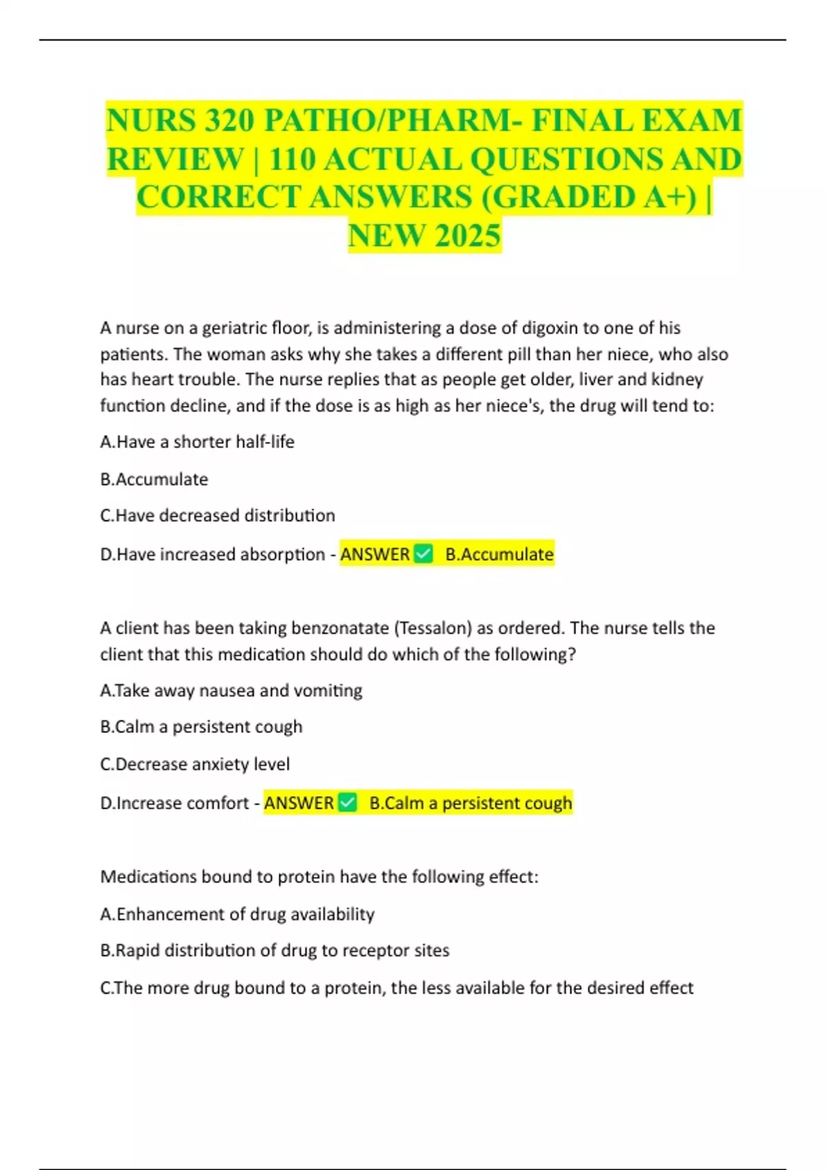 NURS 320 PATHO/PHARM- FINAL EXAM REVIEW | 110 ACTUAL QUESTIONS AND ...