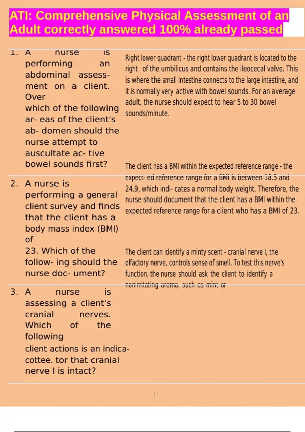 ATI: Comprehensive Physical Assessment of an Adult correctly answered ...