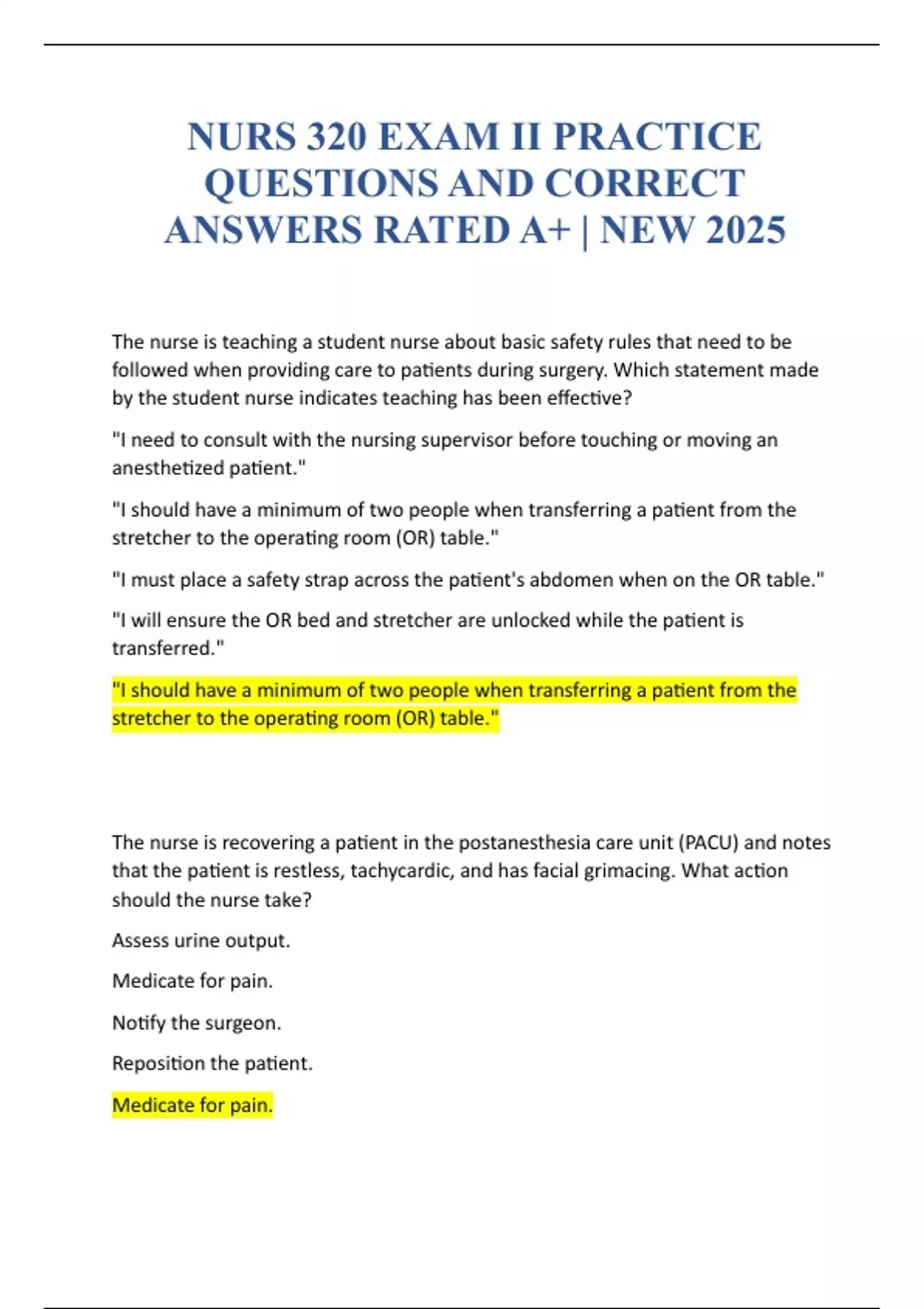 NURS 320 EXAM II PRACTICE QUESTIONS AND CORRECT ANSWERS RATED A+ | NEW ...