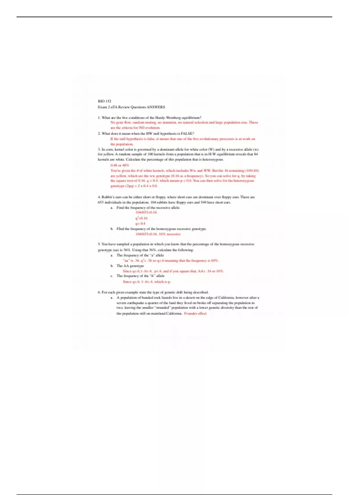 BIO 152 Exam 2 Review Questions - Answer Key - Biology 152 - Stuvia US