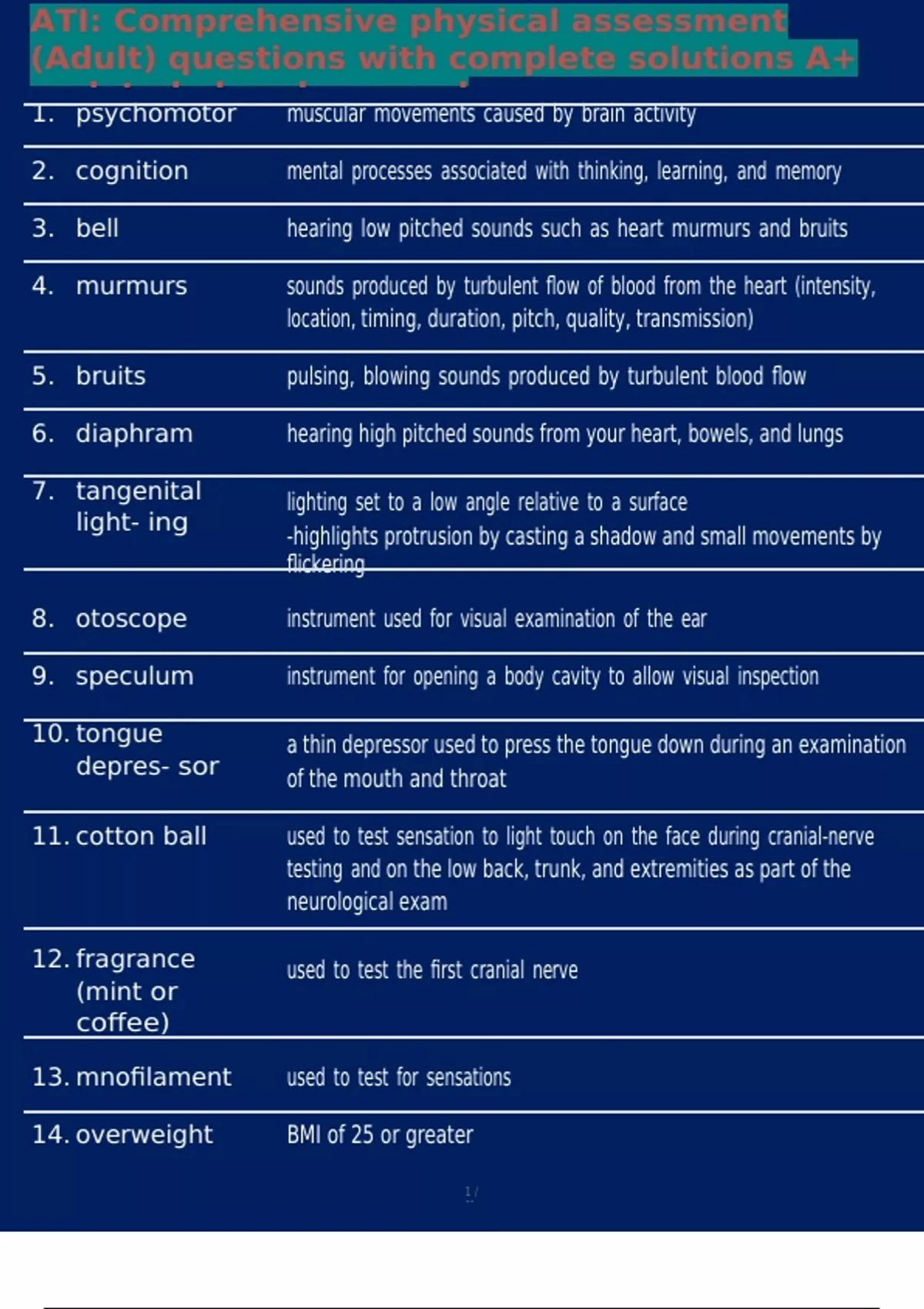 ATI: Comprehensive physical assessment (Adult) questions with complete ...