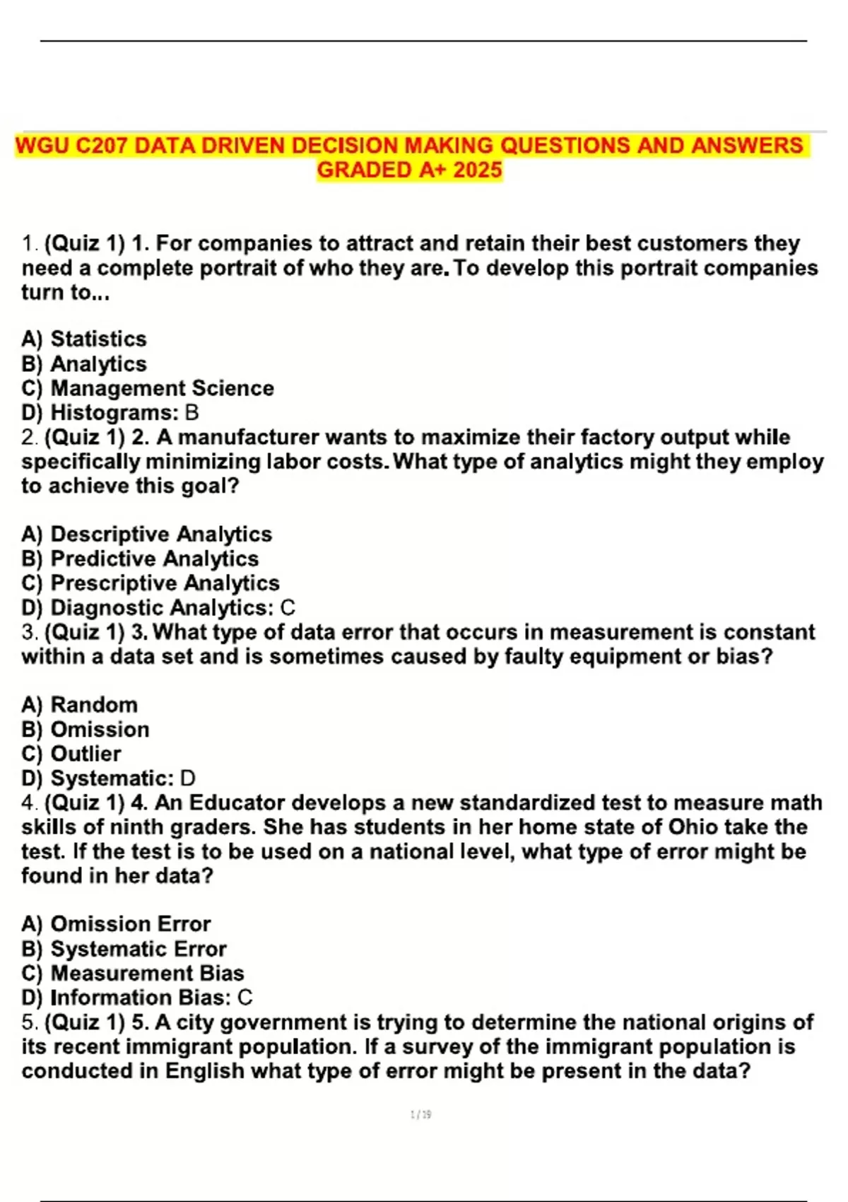 WGU C207 DATA DRIVEN DECISION MAKING QUESTIONS AND ANSWERS GRADED A+ ...