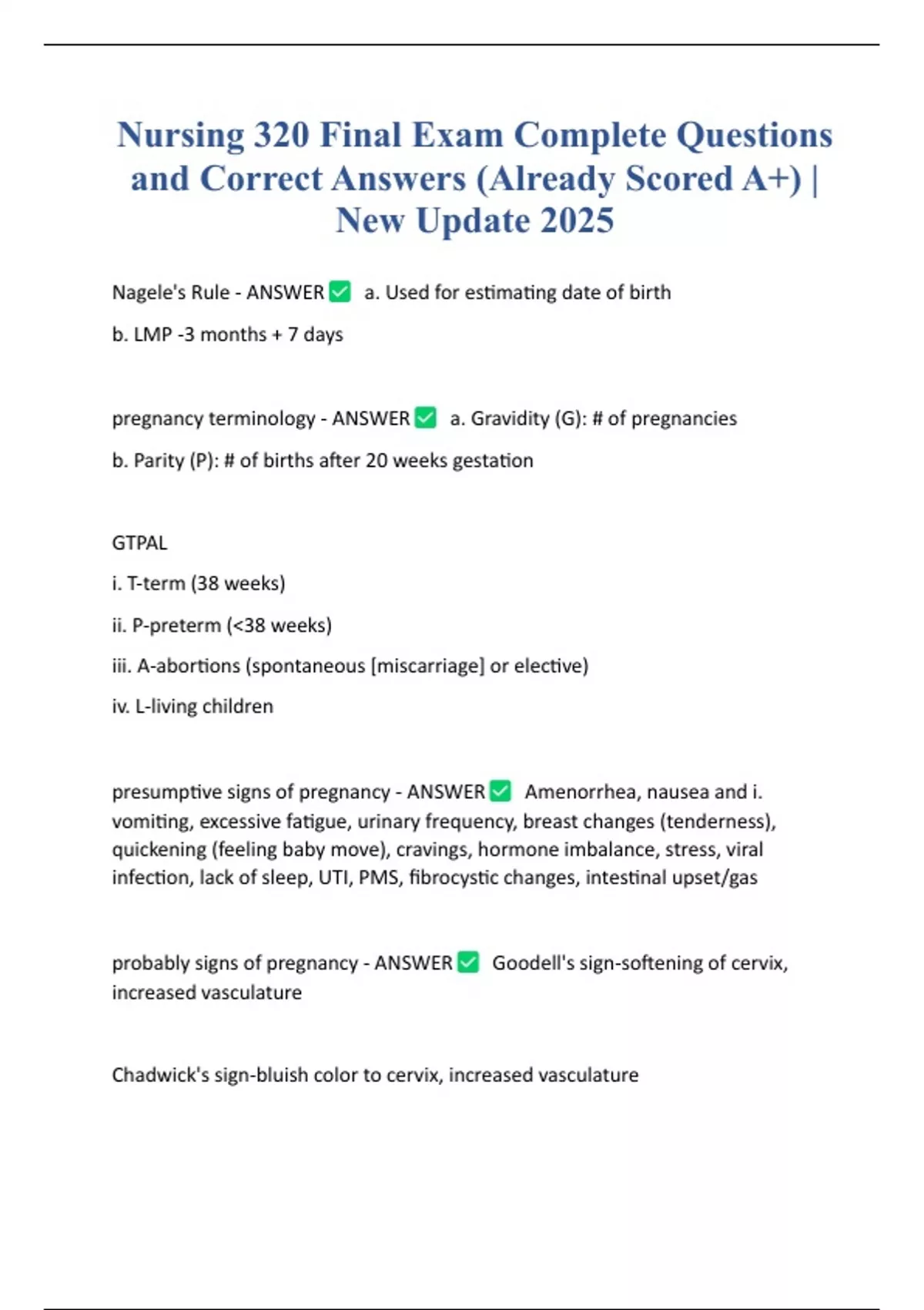 Nursing 320 Final Exam Complete Questions and Correct Answers (Already Scored A+) | New Update ...