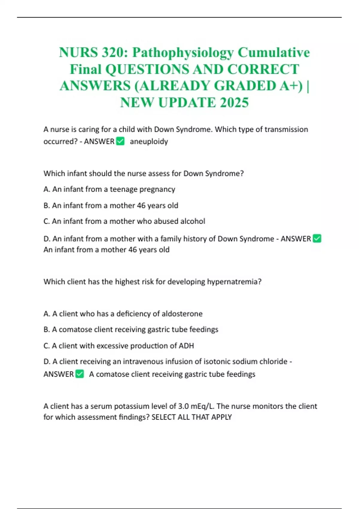 NURS 320: Pathophysiology Cumulative Final QUESTIONS AND CORRECT ...