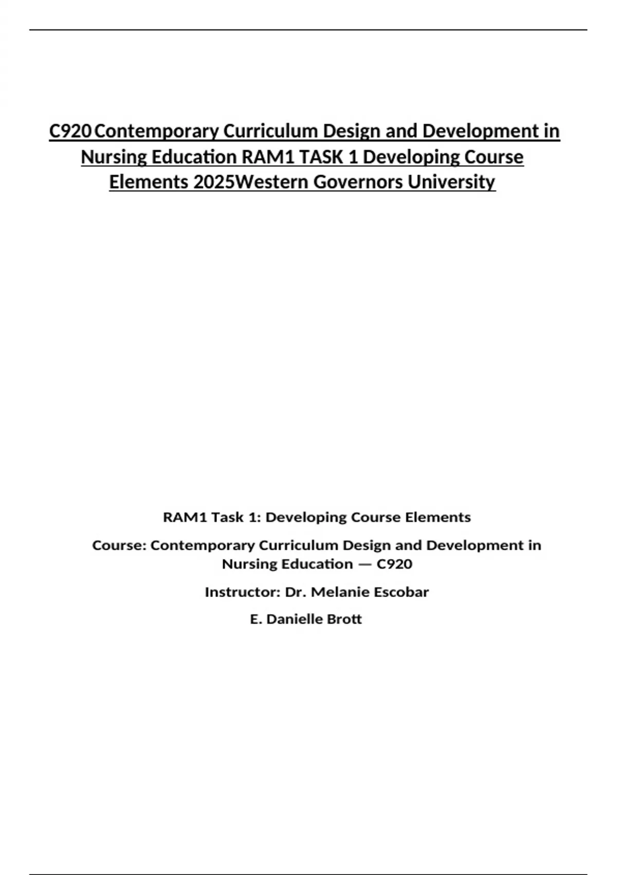 C920 Contemporary Curriculum Design and Development in Nursing ...