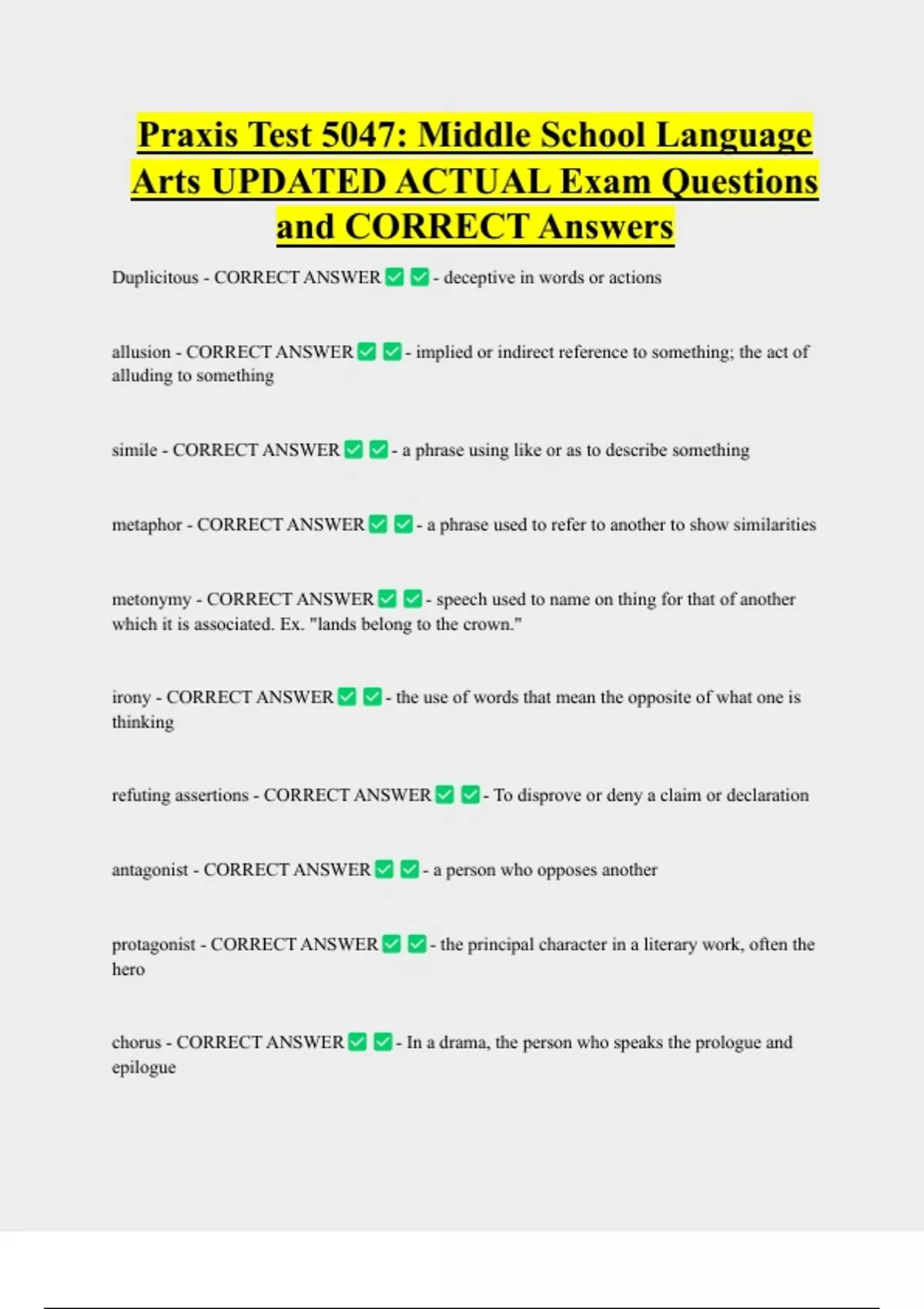 Praxis Test 5047: Middle School Language Arts UPDATED ACTUAL Exam ...