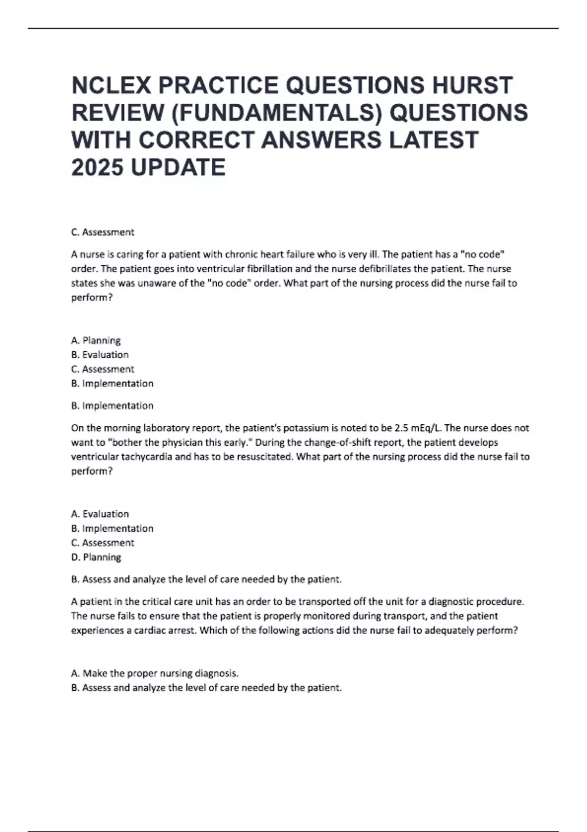 NCLEX PRACTICE QUESTIONS HURST REVIEW (FUNDAMENTALS) QUESTIONS WITH ...