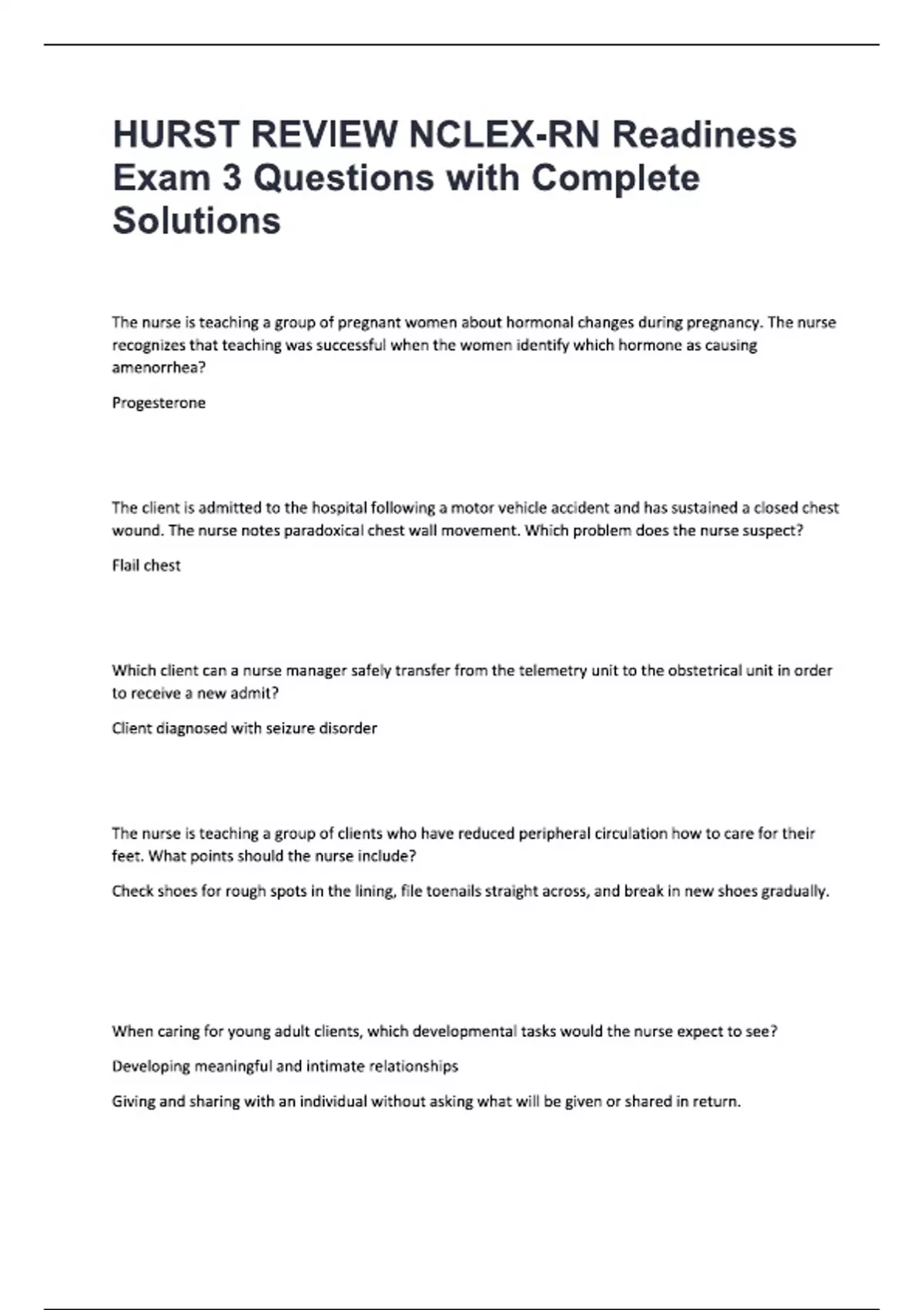 HURST REVIEW NCLEX-RN Readiness Exam 3 Questions with Complete ...