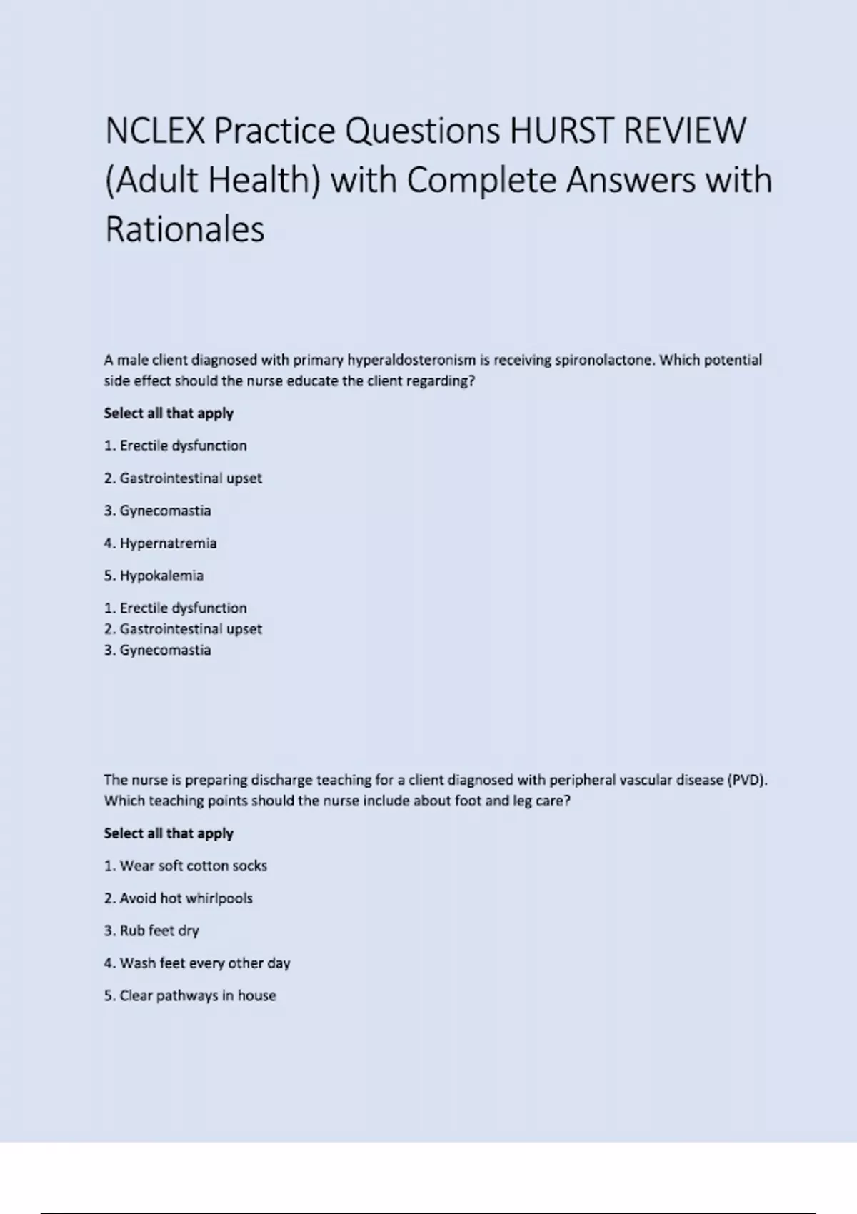 NCLEX Practice Questions HURST REVIEW (Adult Health) Questions and 100% ...