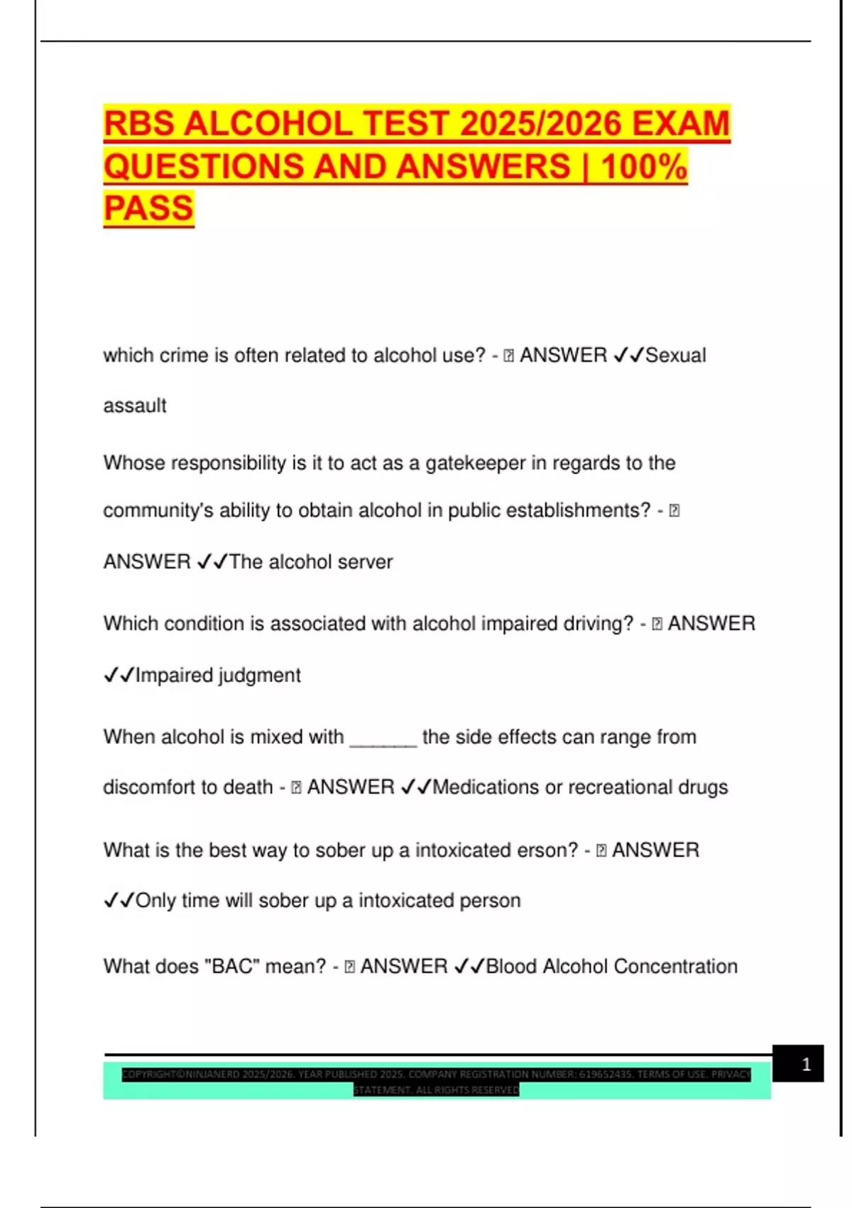 RBS ALCOHOL TEST 2025/2026 EXAM QUESTIONS AND ANSWERS | 100% PASS - Rbs ...