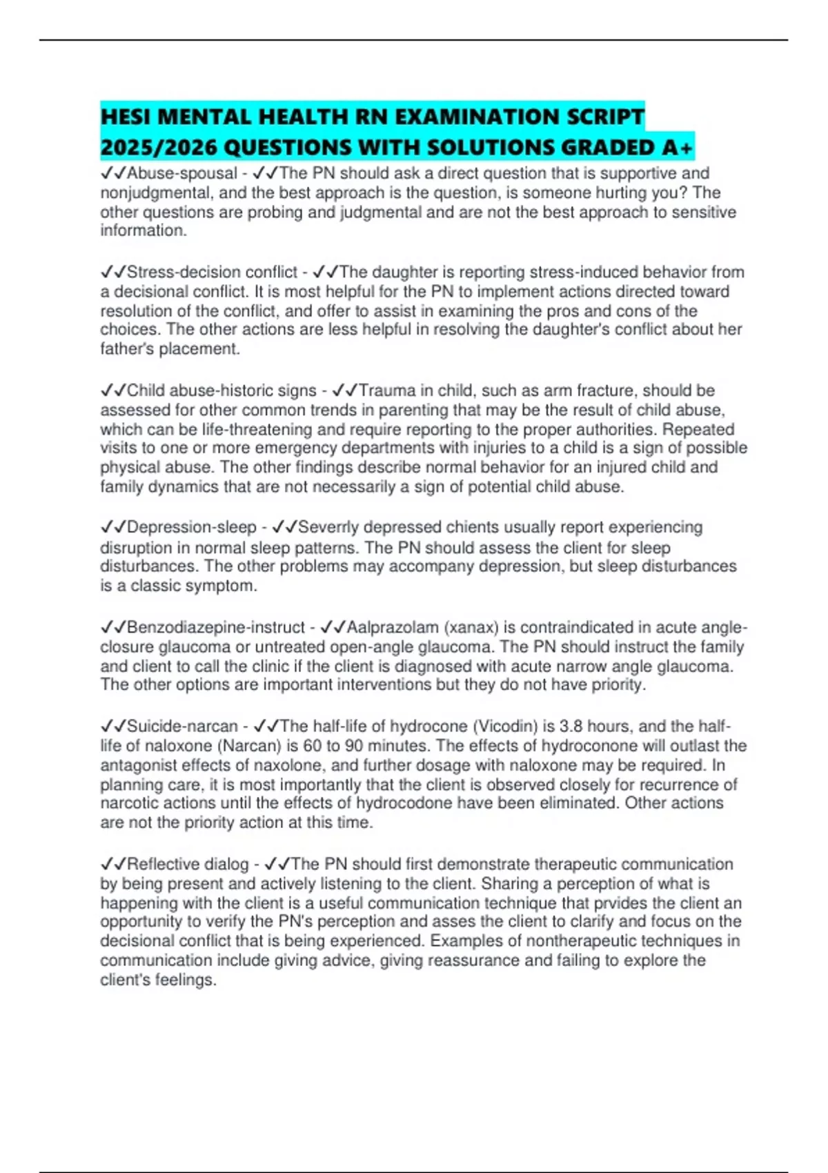 HESI MENTAL HEALTH RN EXAMINATION SCRIPT 2025/2026 QUESTIONS WITH ...