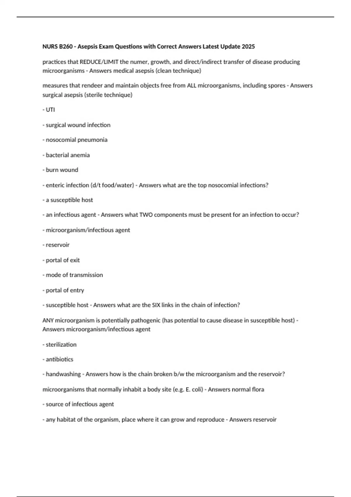 NURS B260 - Asepsis Exam Questions with Correct Answers Latest Update ...