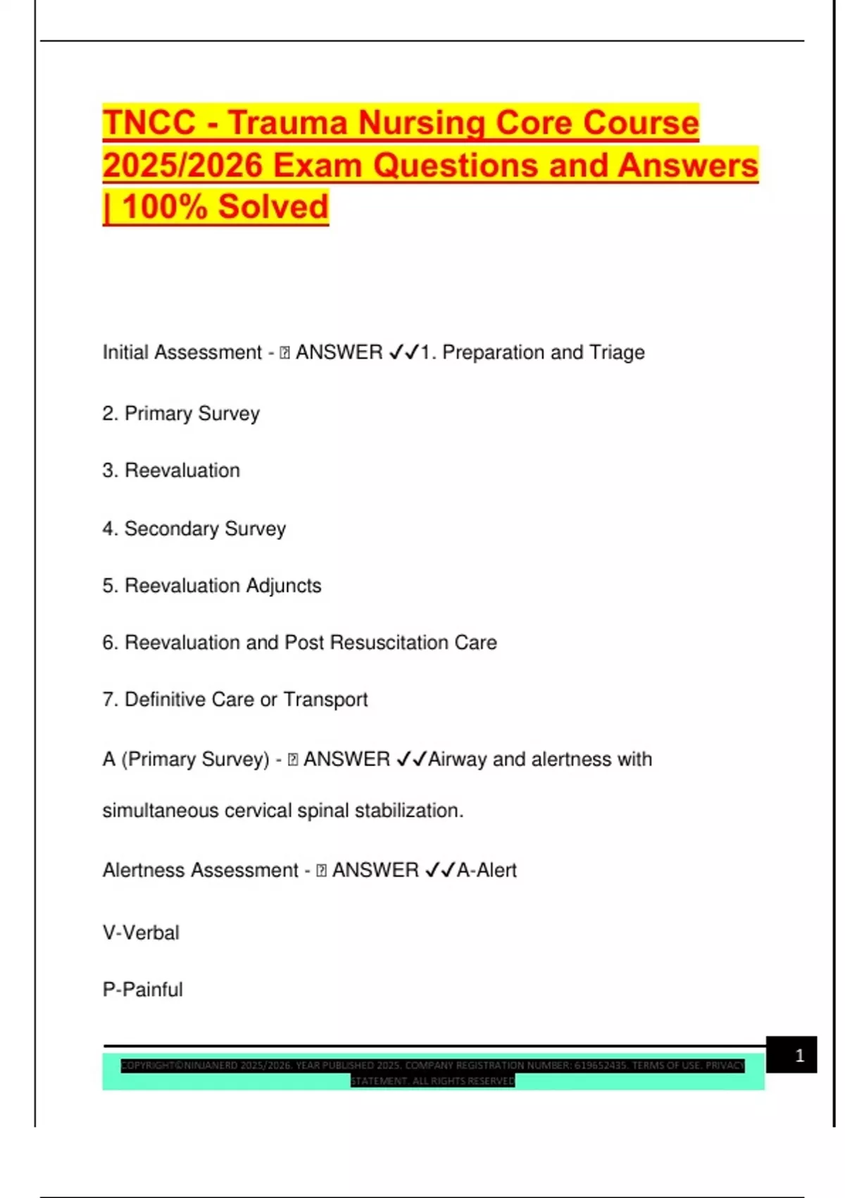TNCC - Trauma Nursing Core Course 2025/2026 Exam Questions and Answers | 100% Solved - TNCC ...