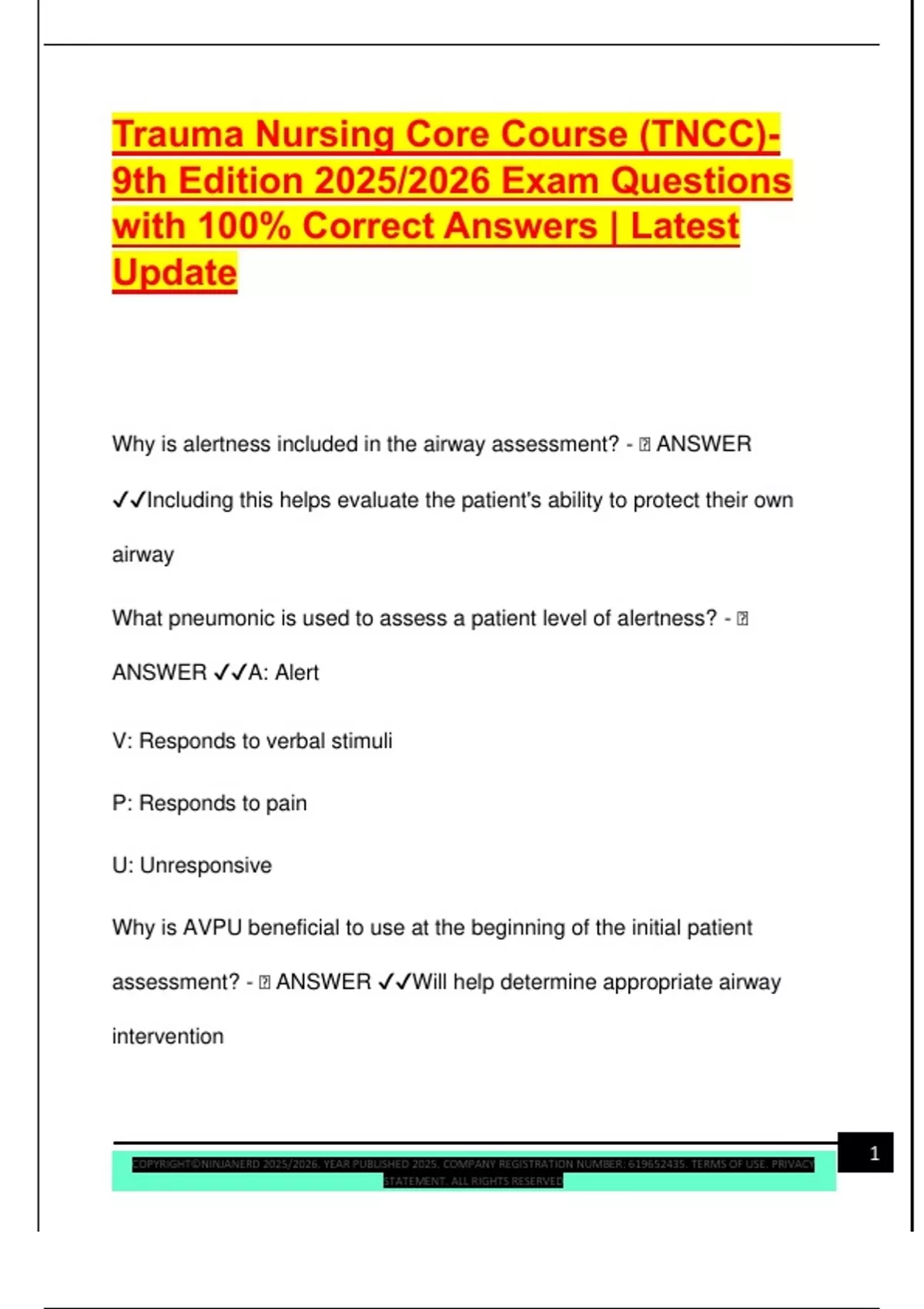 Trauma Nursing Core Course (TNCC)- 9th Edition 2025/2026 Exam Questions with 100% Correct ...