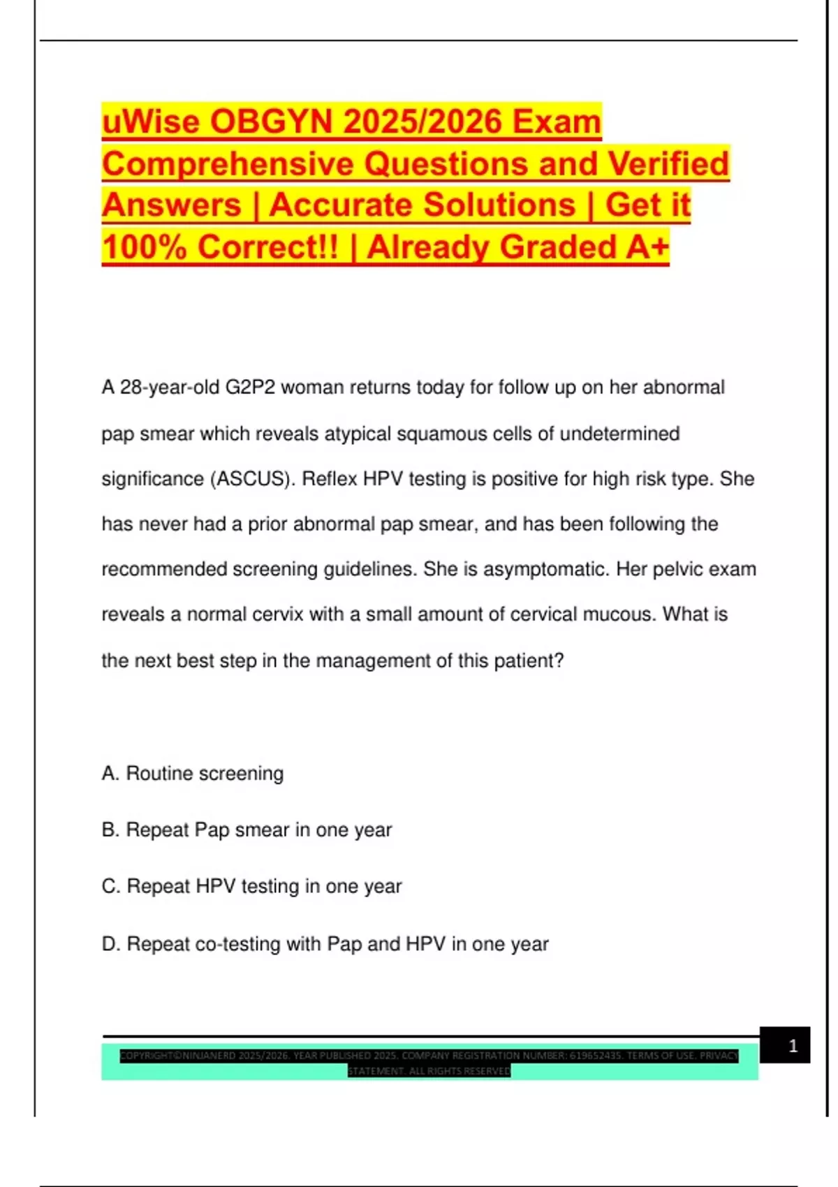 uWise OBGYN 2025/2026 Exam Comprehensive Questions and Verified Answers ...