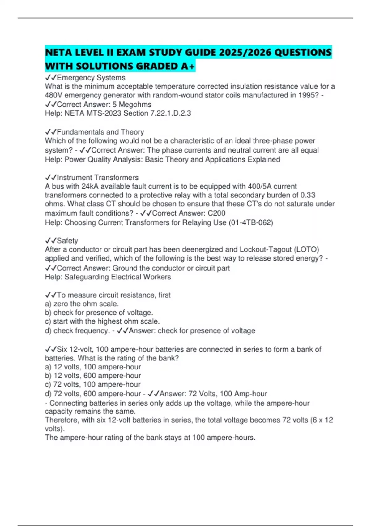 NETA LEVEL II EXAM STUDY GUIDE 2025/2026 QUESTIONS WITH SOLUTIONS GRADED A+ - Neta - Stuvia US