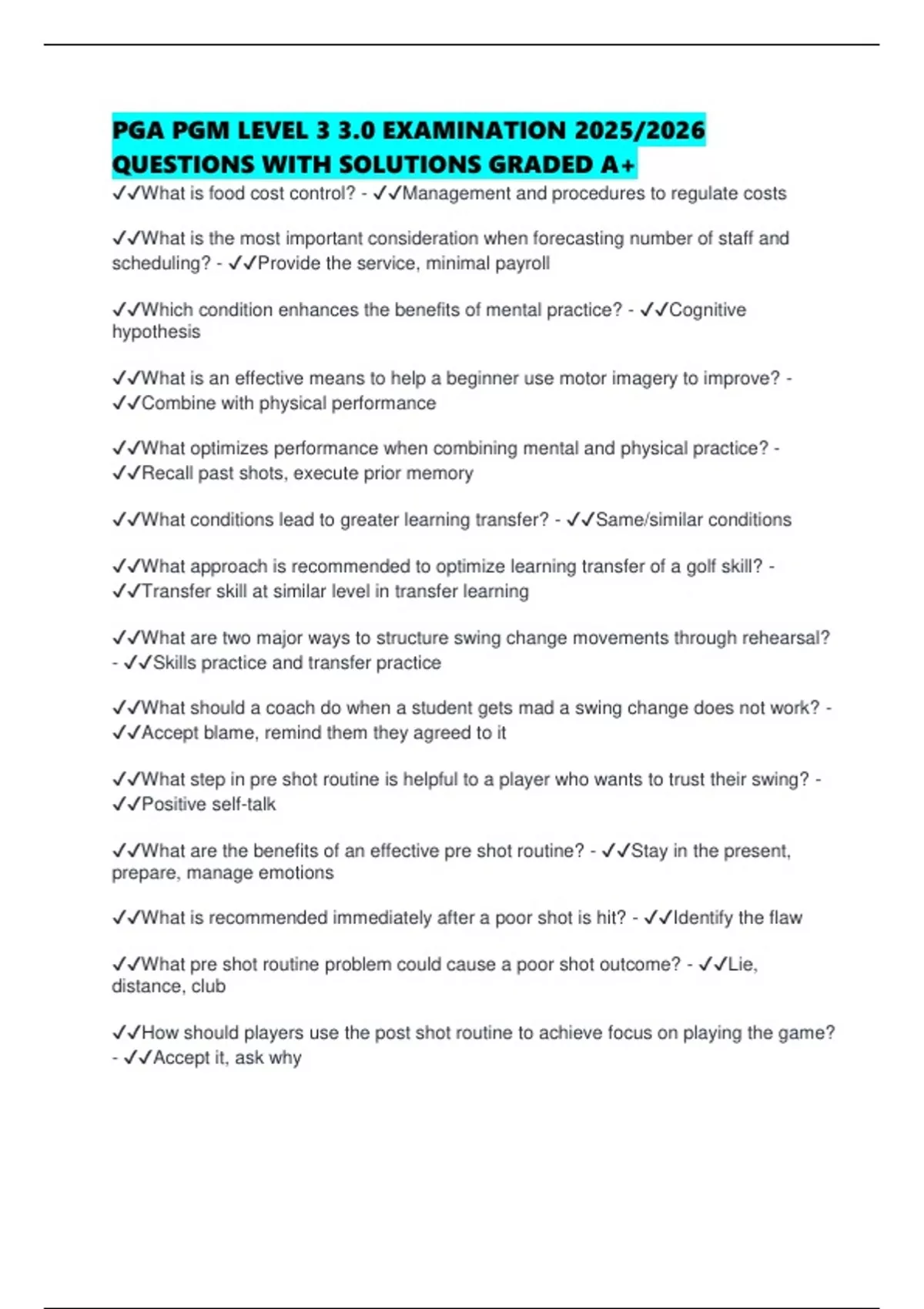 PGA PGM LEVEL 3 3.0 EXAMINATION 2025/2026 QUESTIONS WITH SOLUTIONS GRADED A+ - PGA PGM - Stuvia US