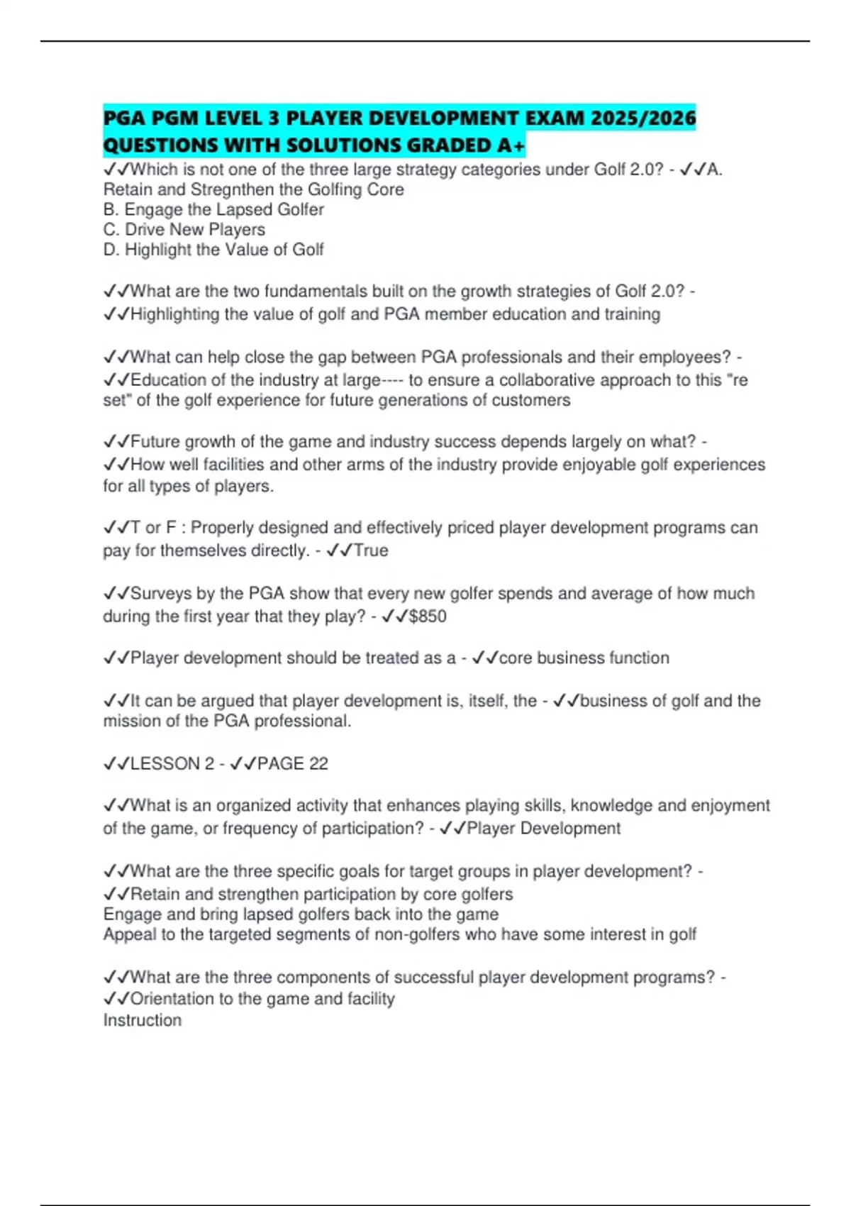 PGA PGM LEVEL 3 PLAYER DEVELOPMENT EXAM 2025/2026 QUESTIONS WITH SOLUTIONS GRADED A+ - PGA PGM ...