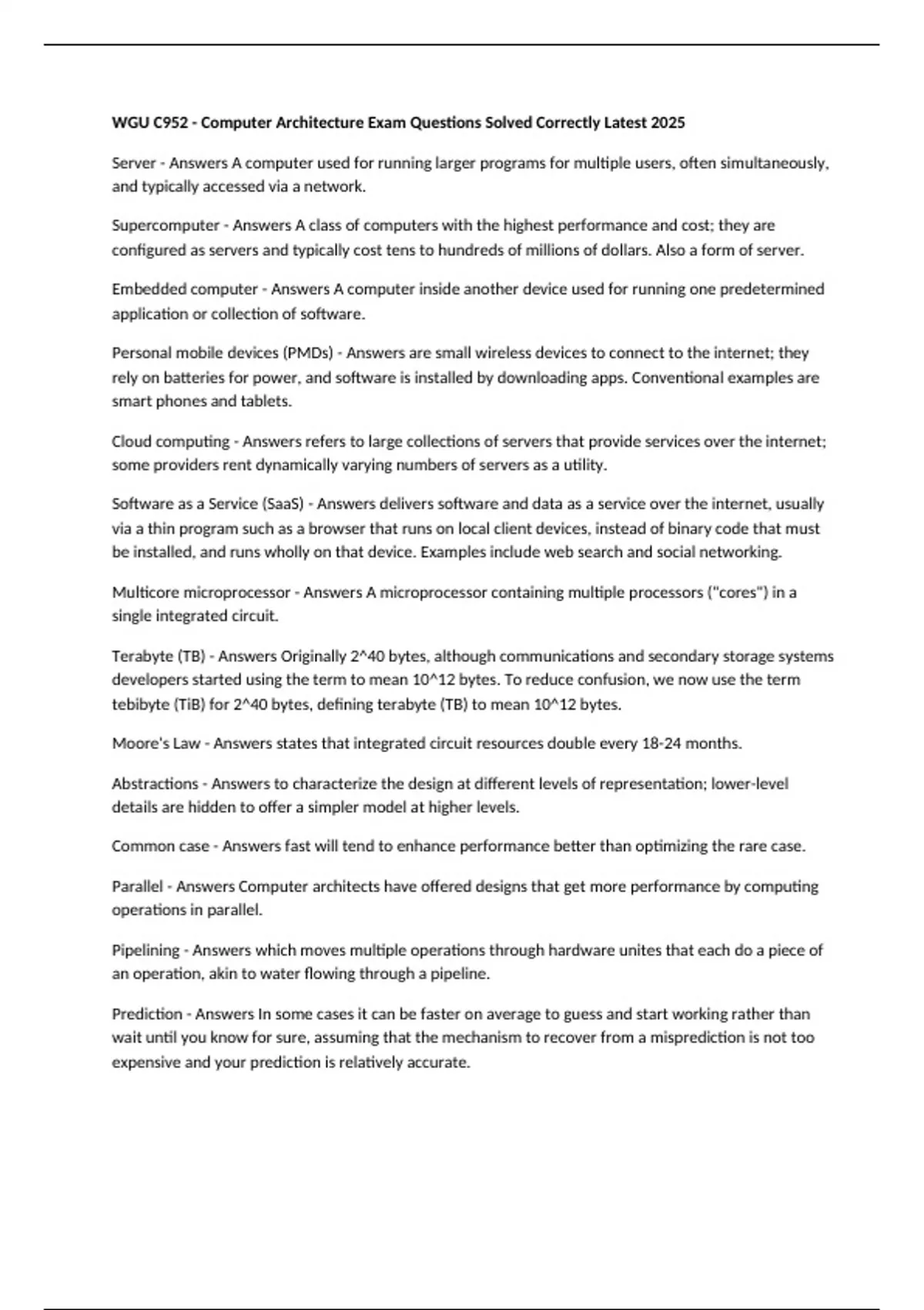 WGU C952 - Computer Architecture Exam Questions Solved Correctly Latest ...