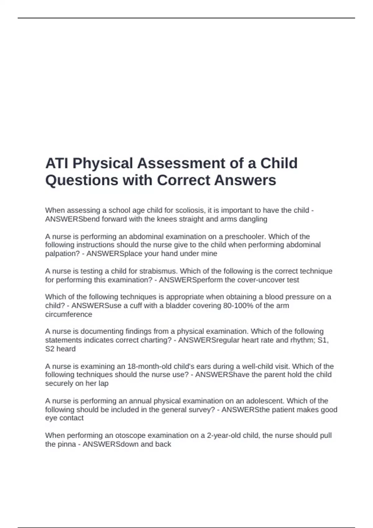 ATI Physical Assessment of a Child Questions with Correct Answers - ATI ...