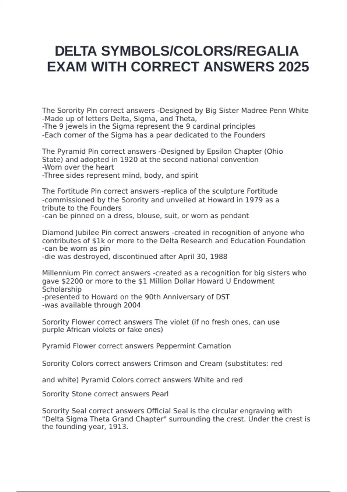 DELTA SYMBOLS/COLORS/REGALIA EXAM WITH CORRECT ANSWERS 2025 - DELTA ...