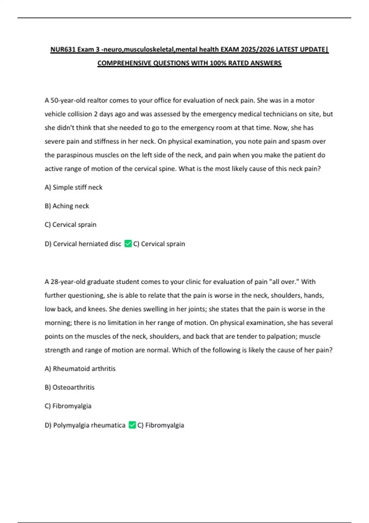 NUR631 Exam 3 -neuro,musculoskeletal,mental health EXAM 2025/2026 ...