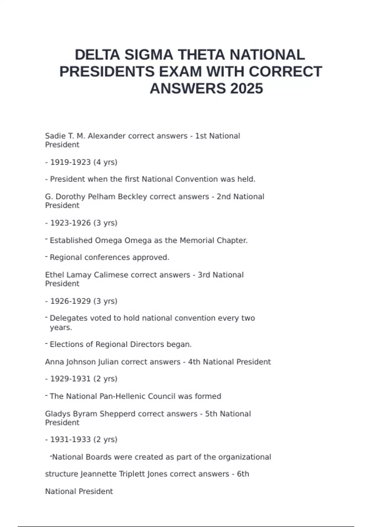 DELTA SIGMA THETA NATIONAL PRESIDENTS EXAM WITH CORRECT ANSWERS 2025 ...